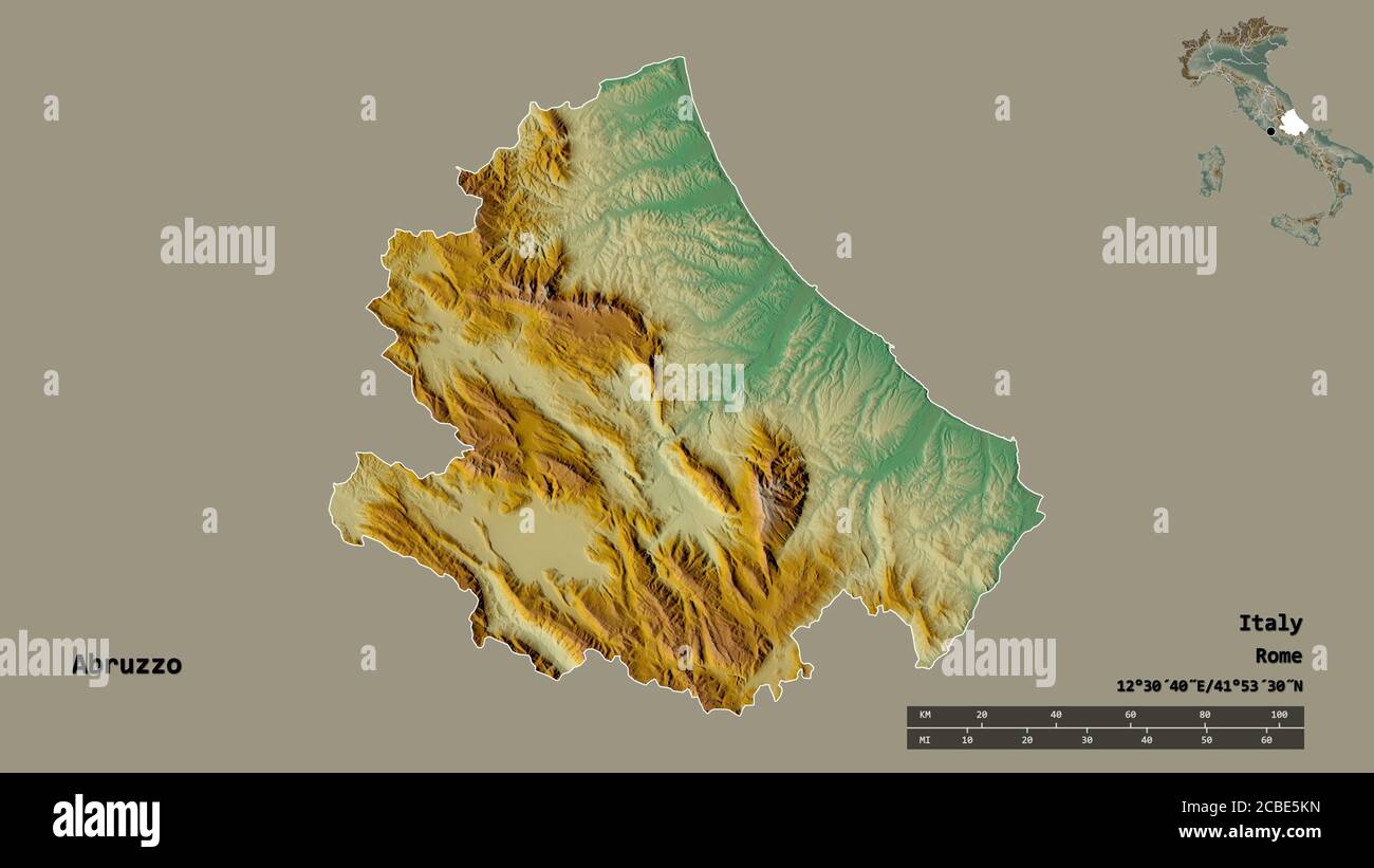 Shape of Abruzzo, region of Italy, with its capital isolated on solid ...