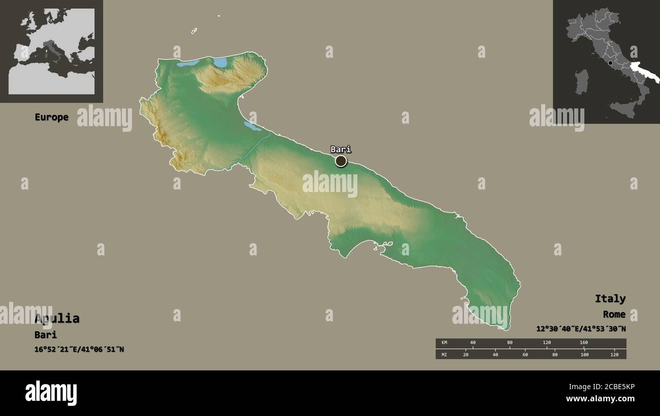 Shape of Apulia, region of Italy, and its capital. Distance scale ...