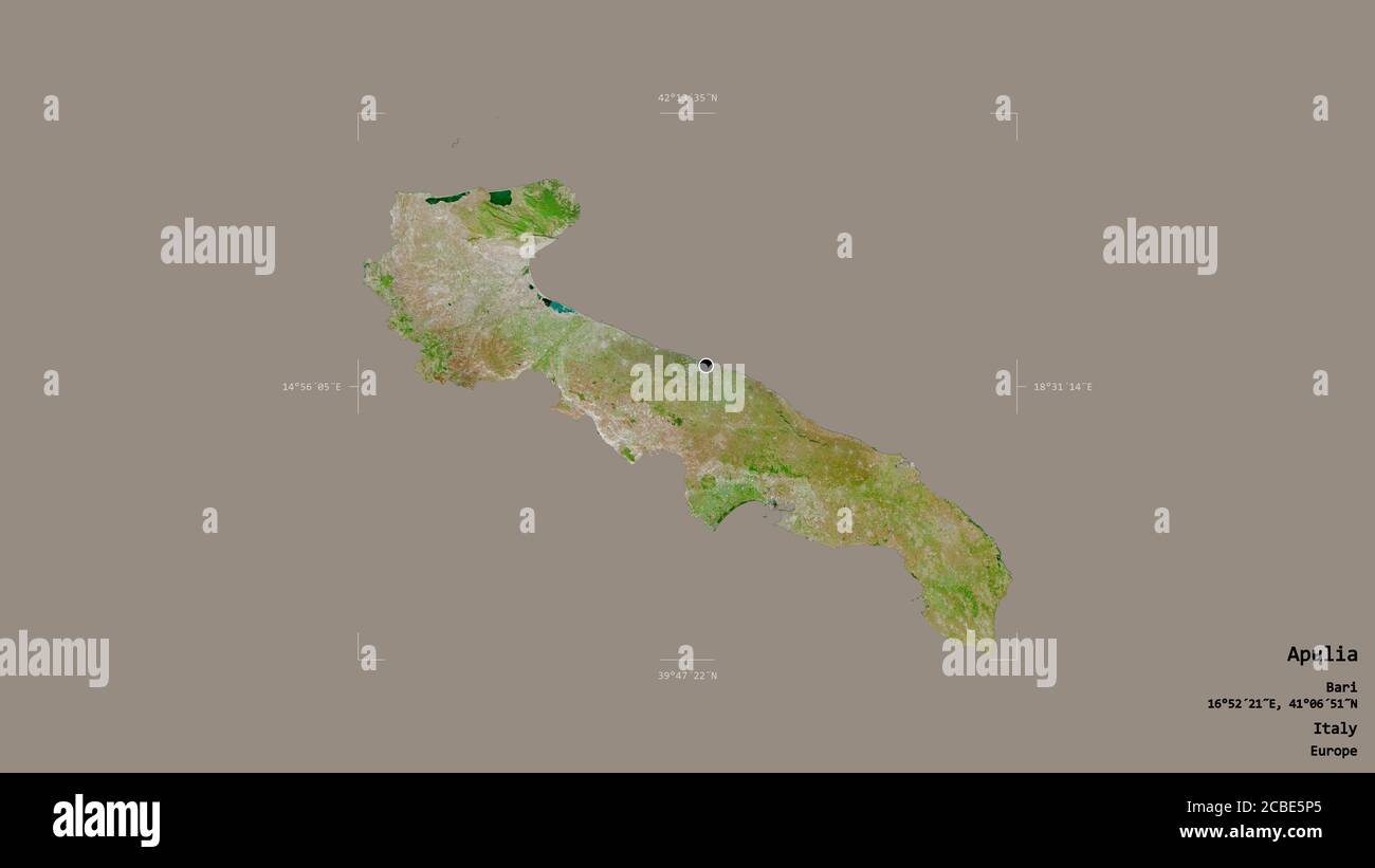 Area of Apulia, region of Italy, isolated on a solid background in a ...