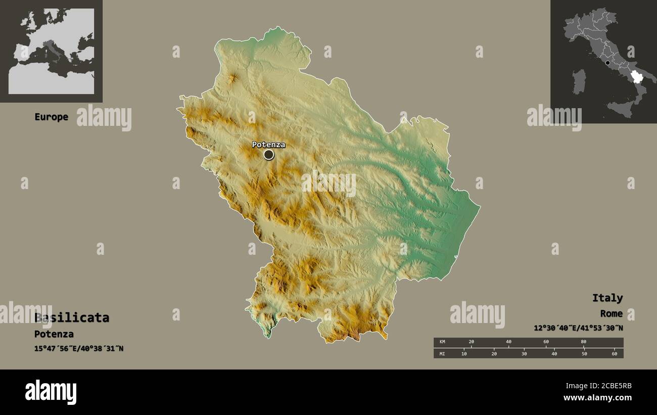 Shape of Basilicata, region of Italy, and its capital. Distance scale ...