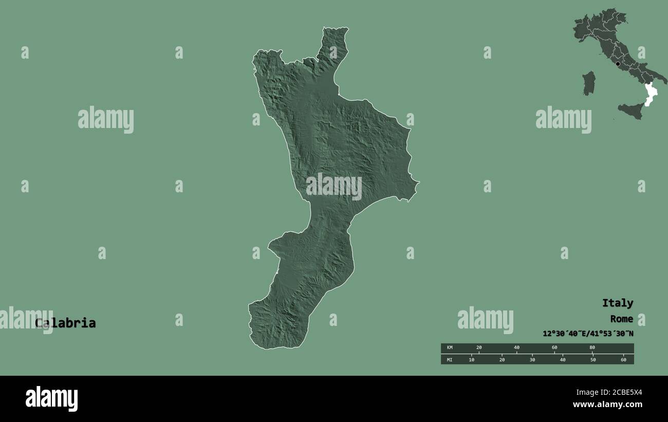 Shape of Calabria, region of Italy, with its capital isolated on solid ...