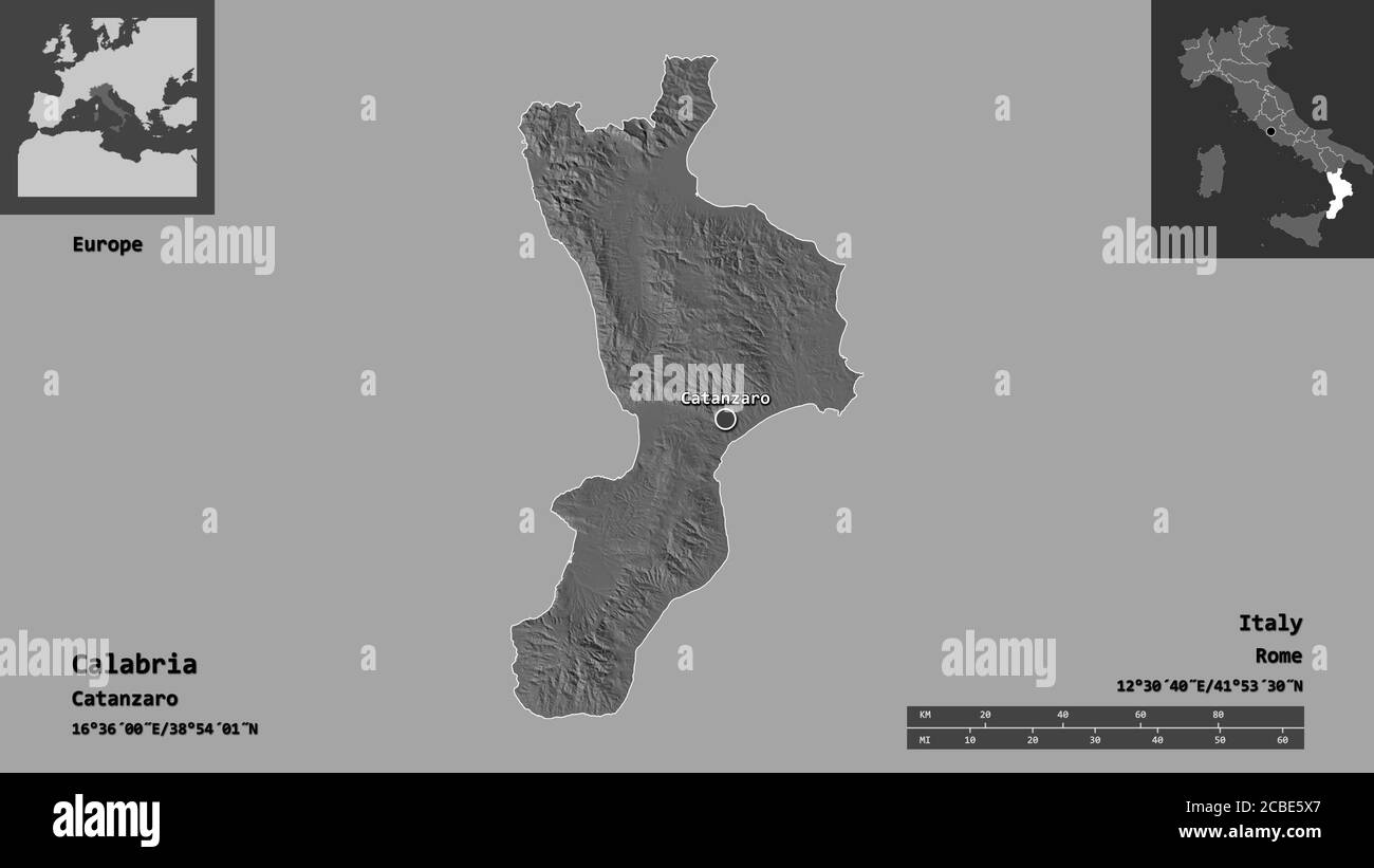 Shape of Calabria, region of Italy, and its capital. Distance scale ...