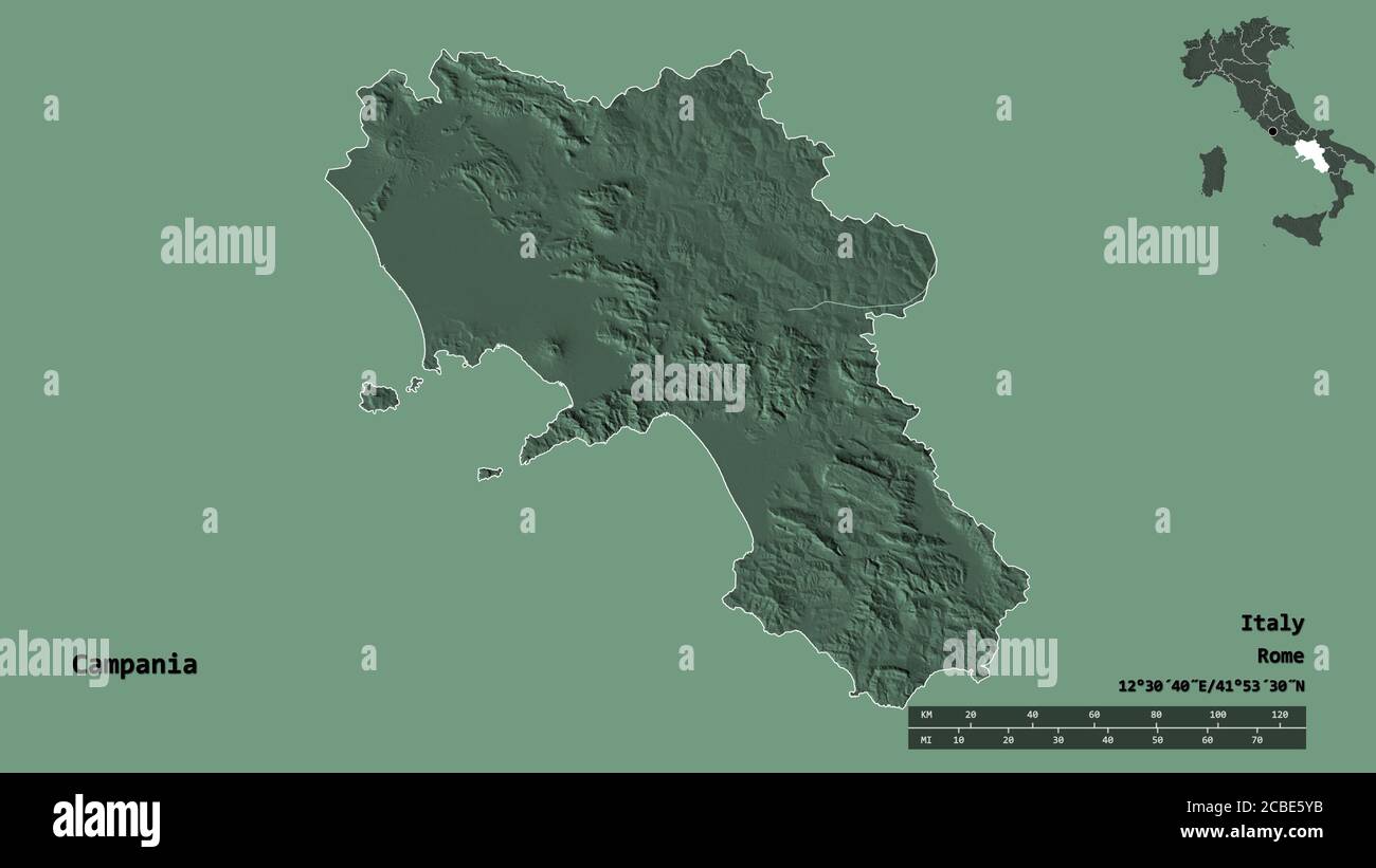 Shape of Campania, region of Italy, with its capital isolated on solid ...