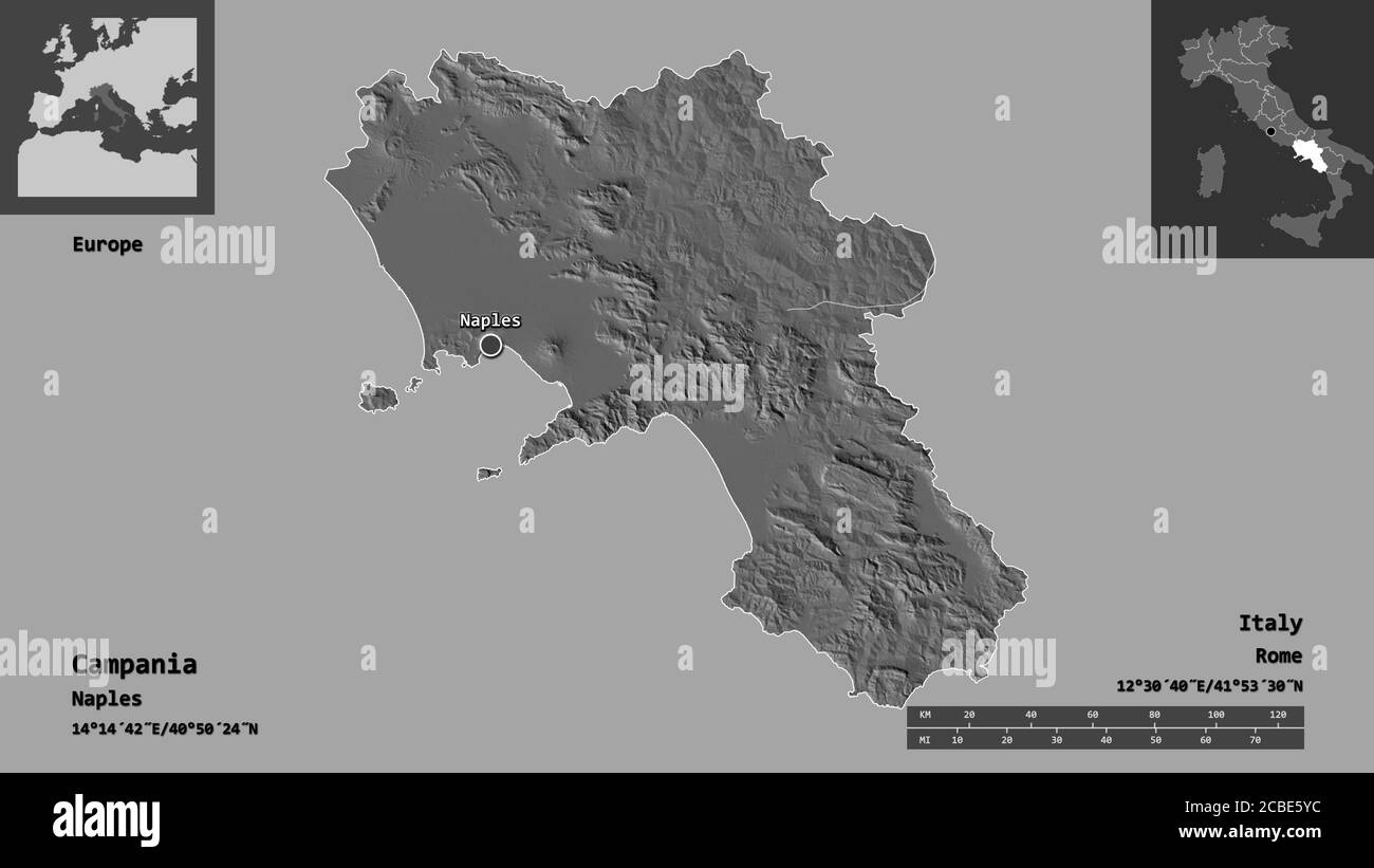Shape of Campania, region of Italy, and its capital. Distance scale ...