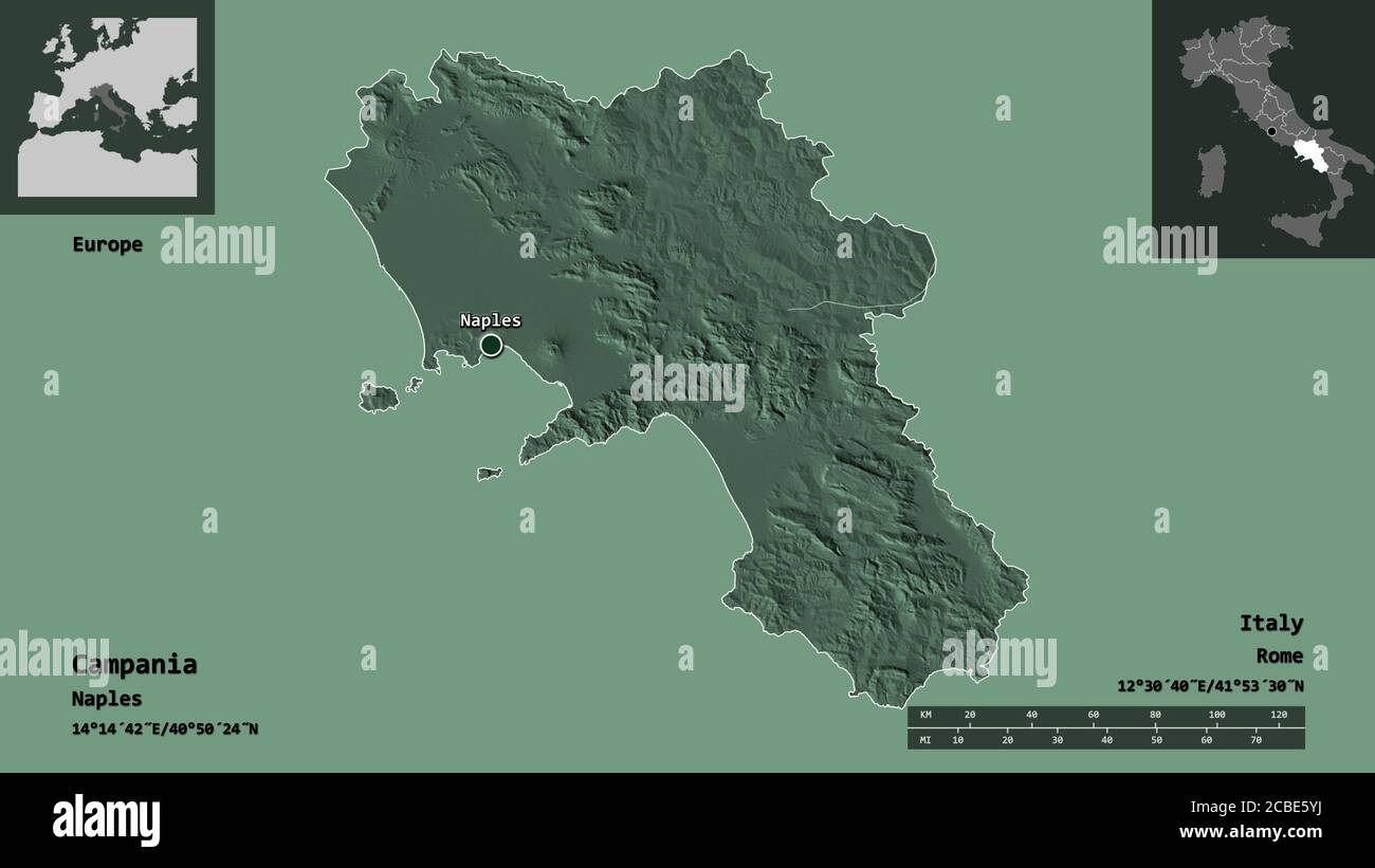 Shape of Campania, region of Italy, and its capital. Distance scale ...