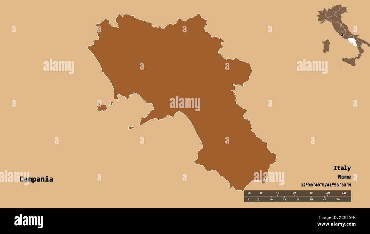 Shape of Campania, region of Italy, with its capital isolated on solid ...