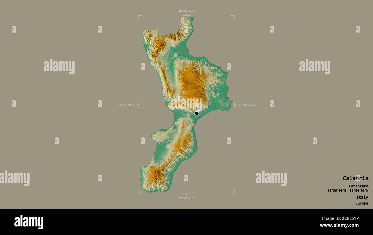 Area of Calabria, region of Italy, isolated on a solid background in a ...