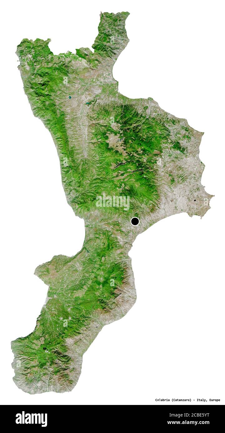 Shape of Calabria, region of Italy, with its capital isolated on white ...