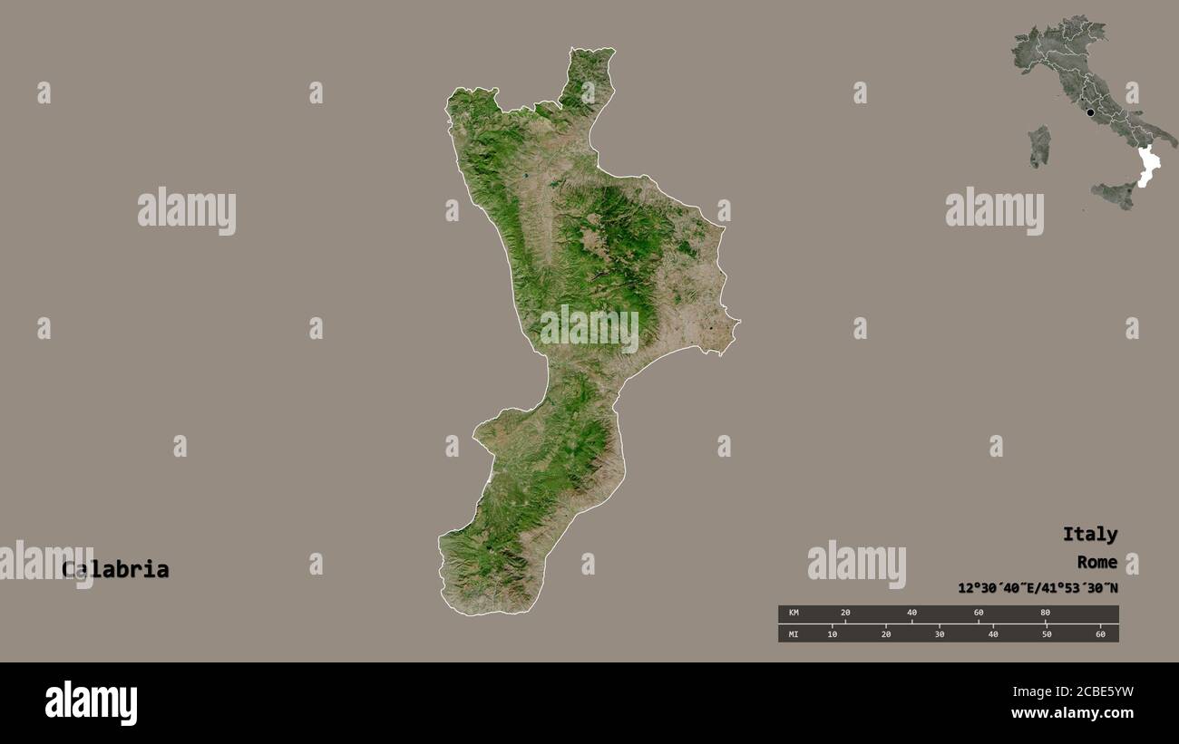 Shape of Calabria, region of Italy, with its capital isolated on solid ...