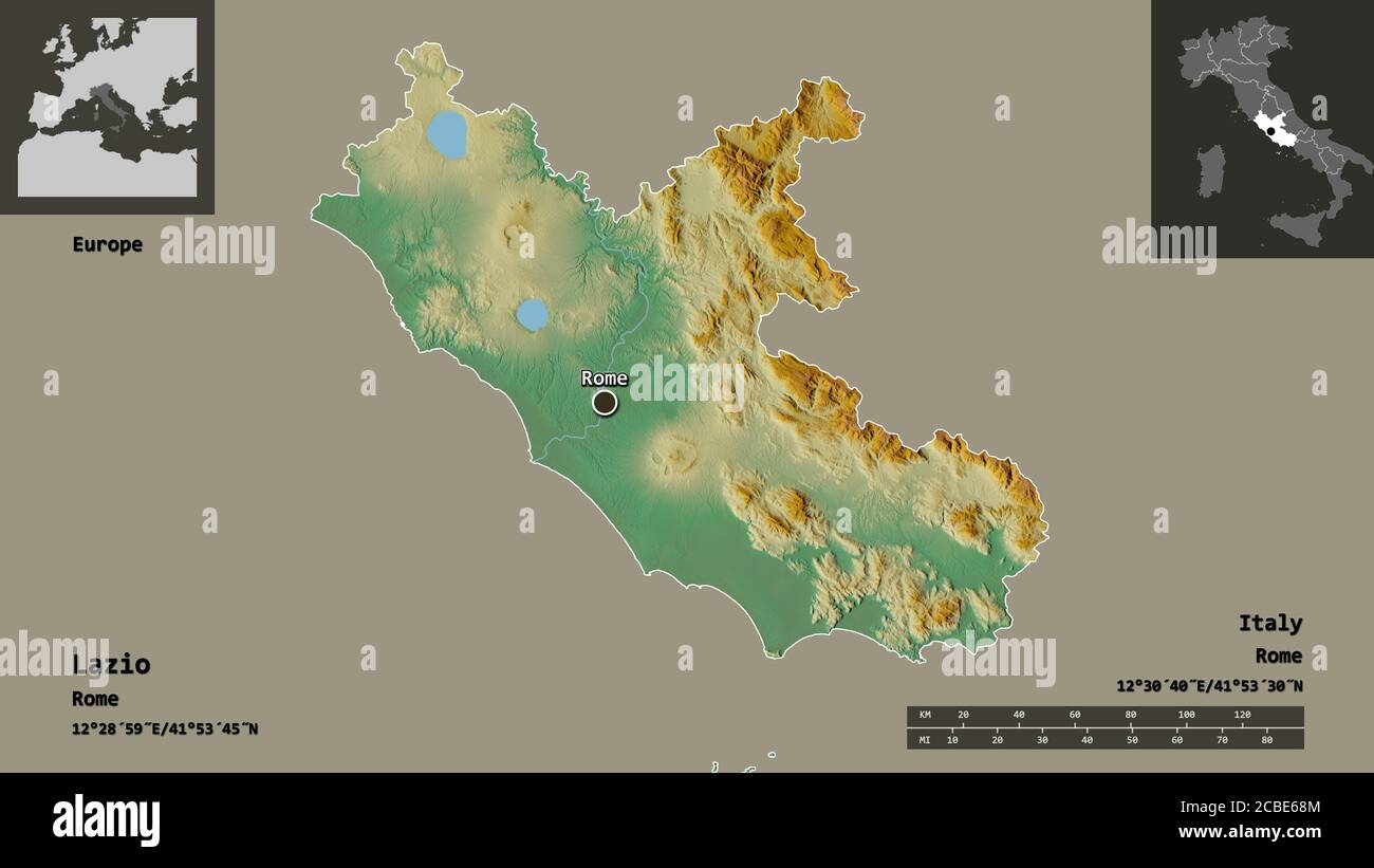 Shape of Lazio, region of Italy, and its capital. Distance scale ...