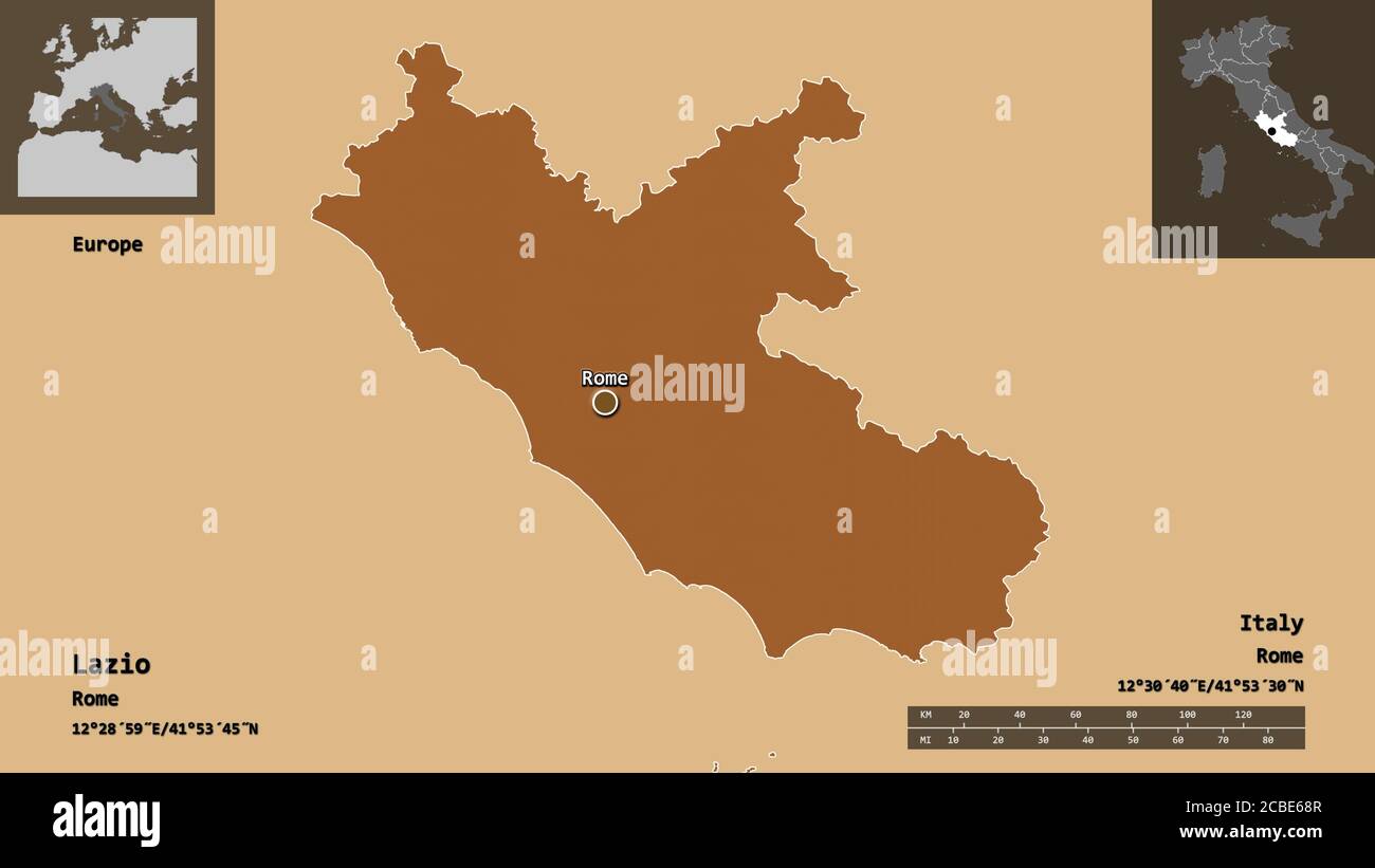 Shape of Lazio, region of Italy, and its capital. Distance scale ...