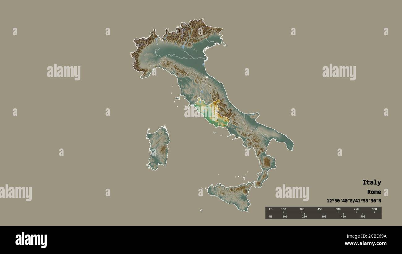 Desaturated shape of Italy with its capital, main regional division and ...
