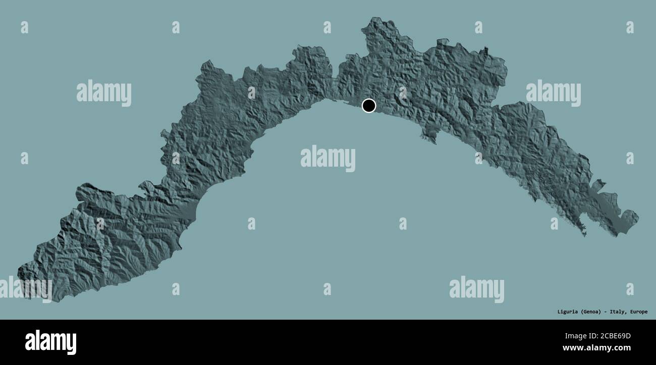 Shape of Liguria, region of Italy, with its capital isolated on a solid ...