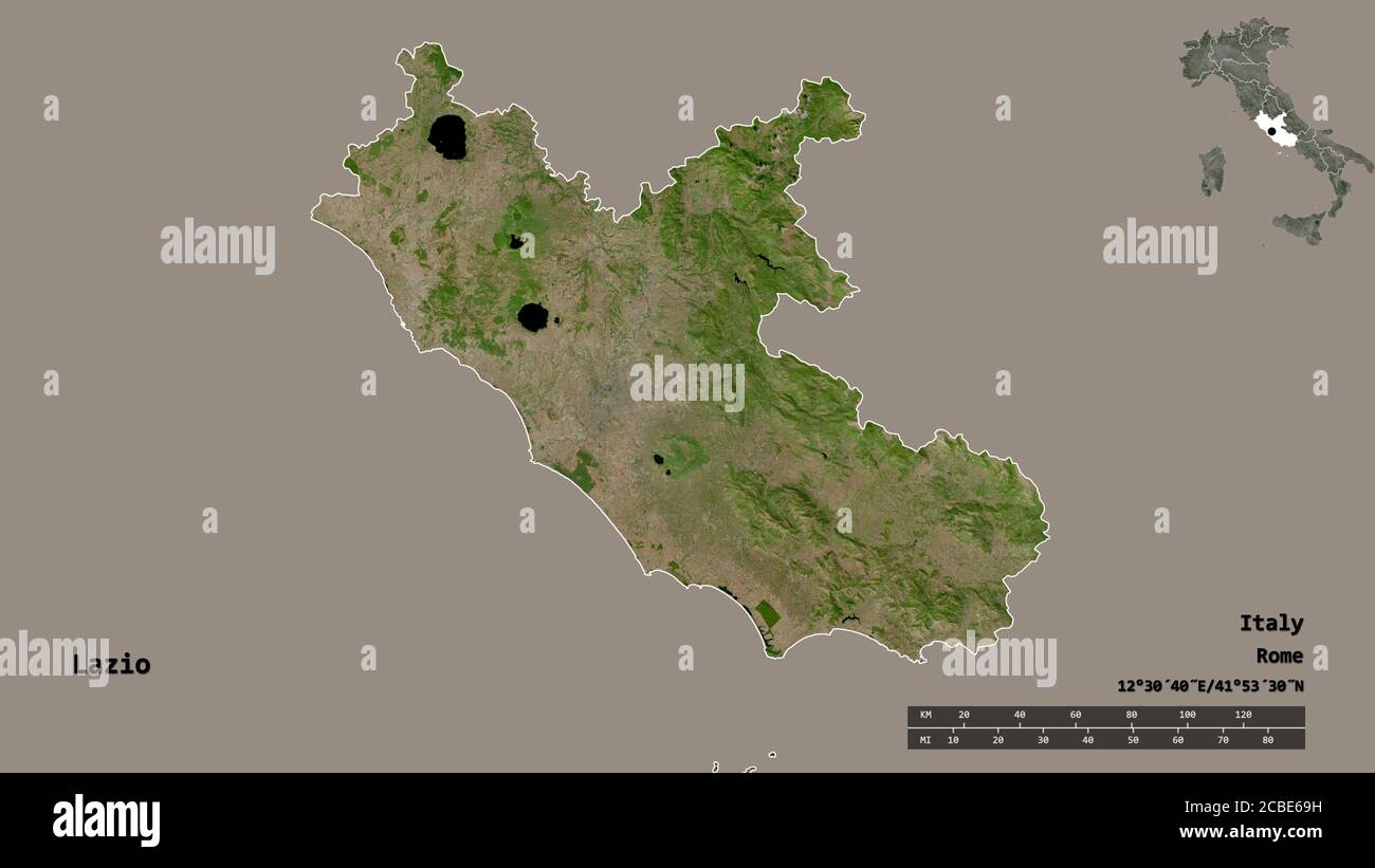 Shape of Lazio, region of Italy, with its capital isolated on solid ...
