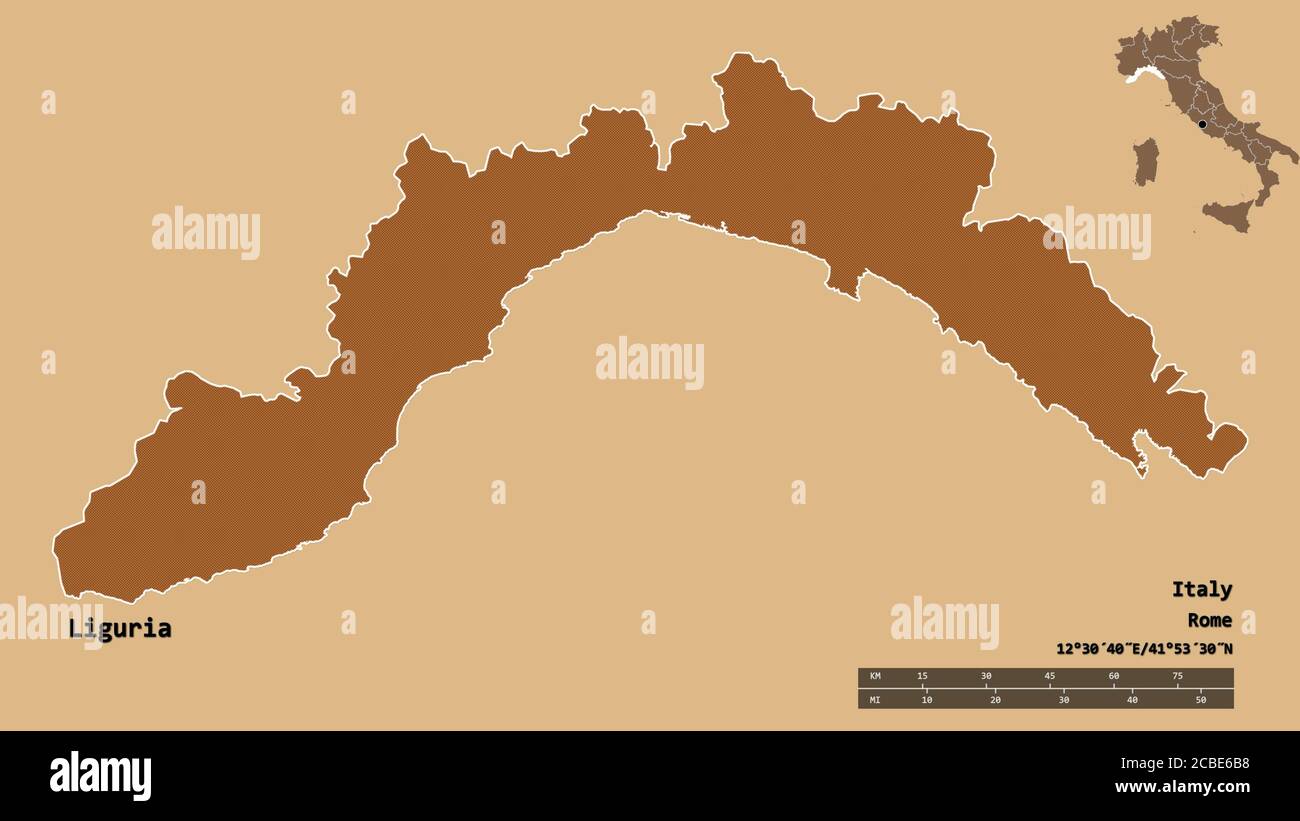 Shape of Liguria, region of Italy, with its capital isolated on solid background. Distance scale ...