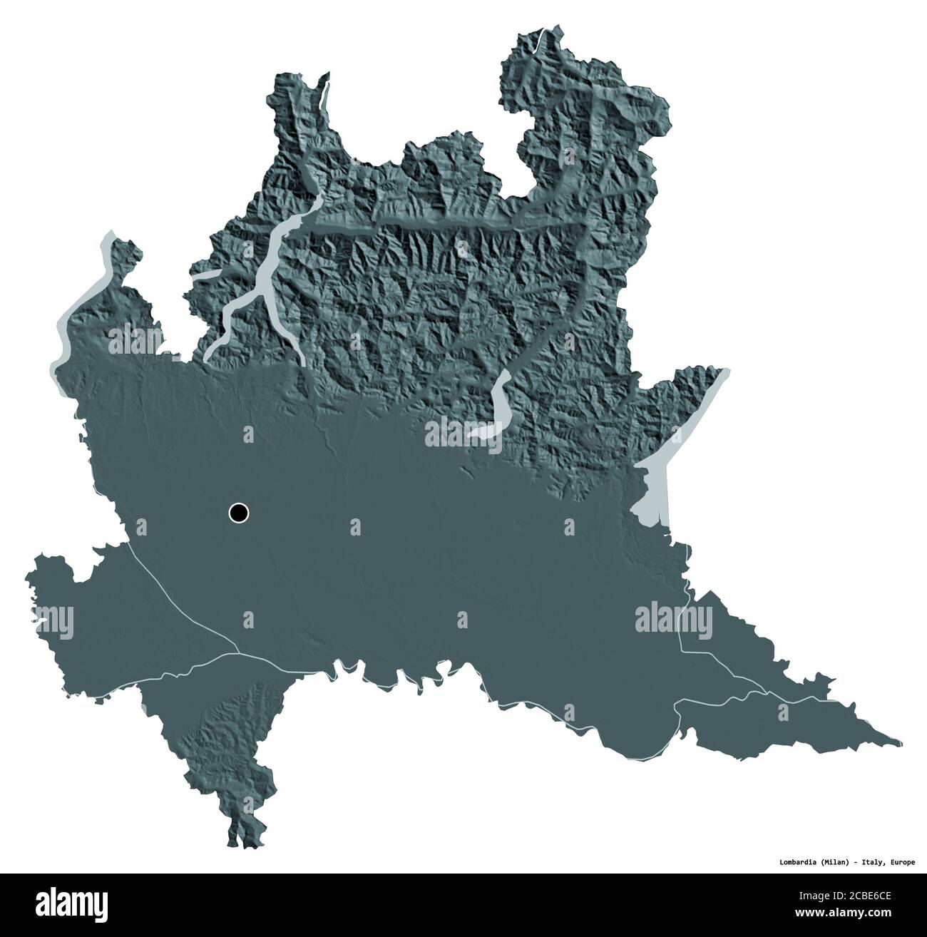 Shape of Lombardia, region of Italy, with its capital isolated on white ...