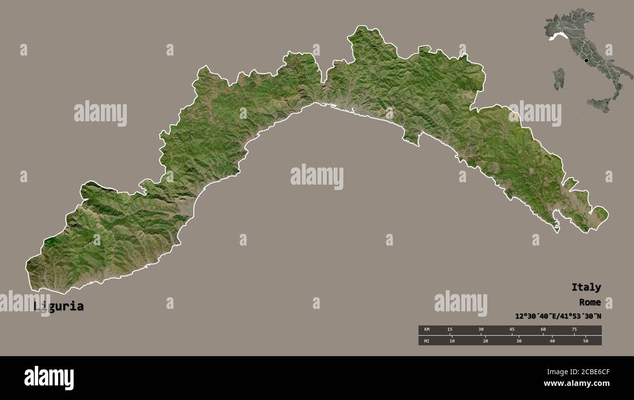 Shape of Liguria, region of Italy, with its capital isolated on solid ...