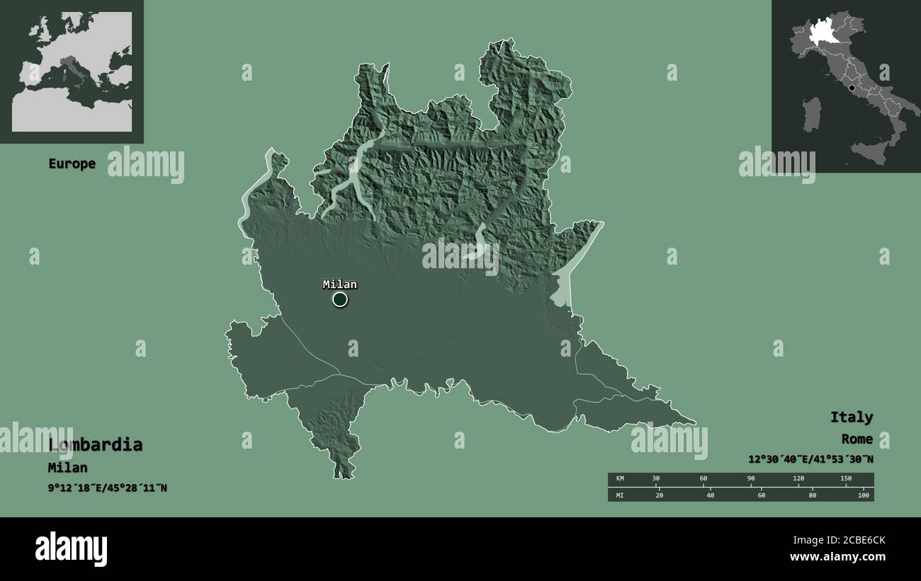 Shape of Lombardia, region of Italy, and its capital. Distance scale ...