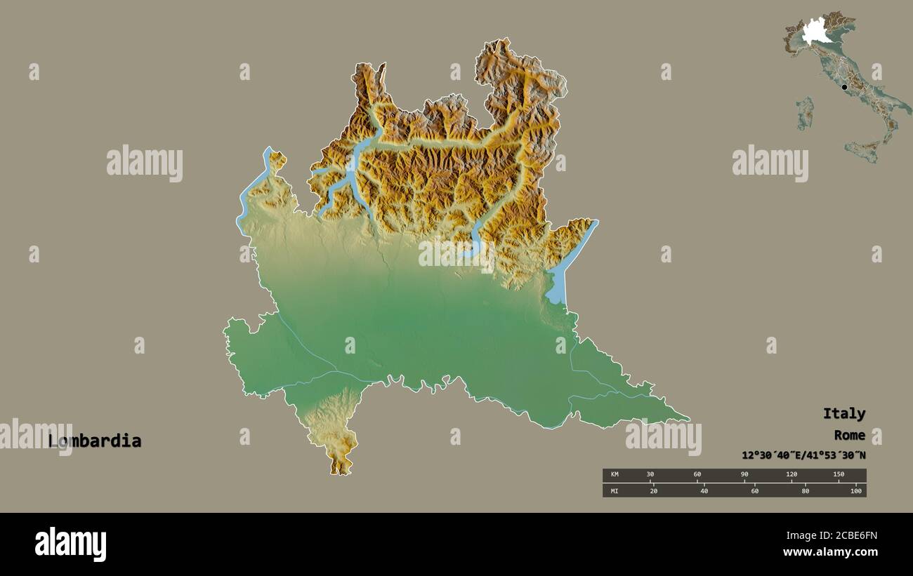 Shape of Lombardia, region of Italy, with its capital isolated on solid ...