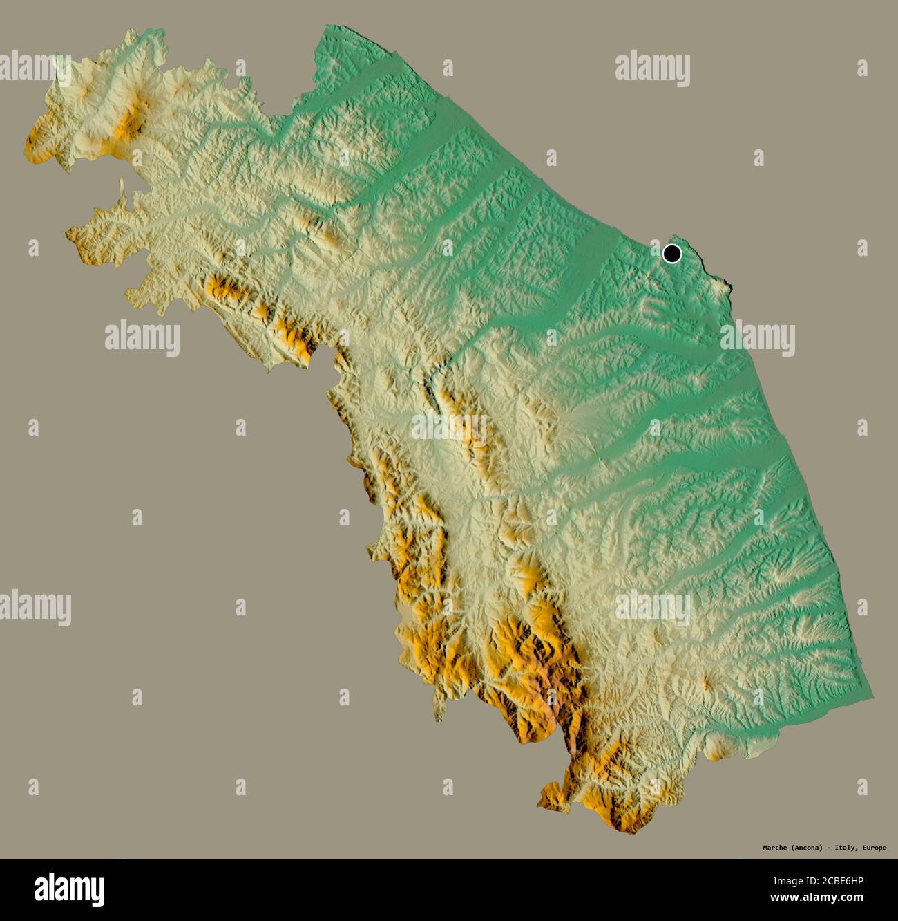 Shape of Marche, region of Italy, with its capital isolated on a solid ...