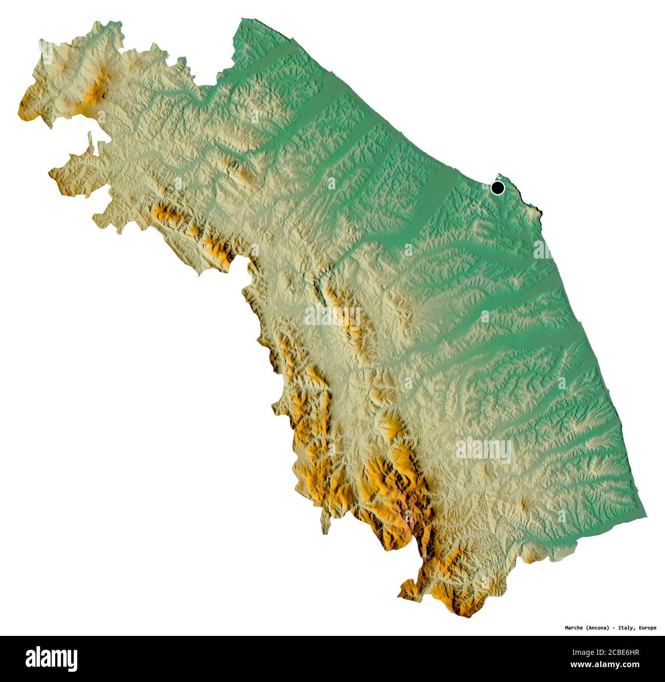 Shape of Marche, region of Italy, with its capital isolated on white ...