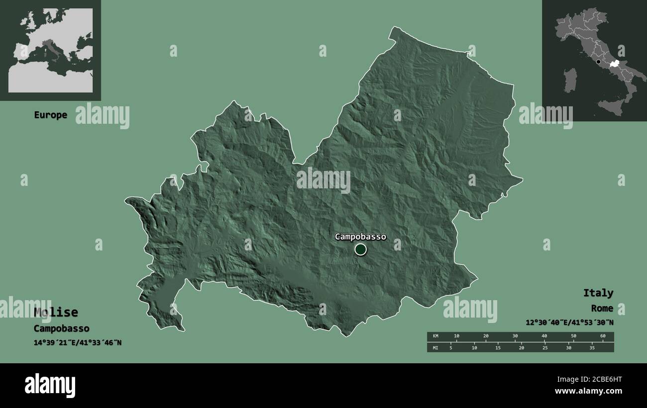 Shape of Molise, region of Italy, and its capital. Distance scale ...