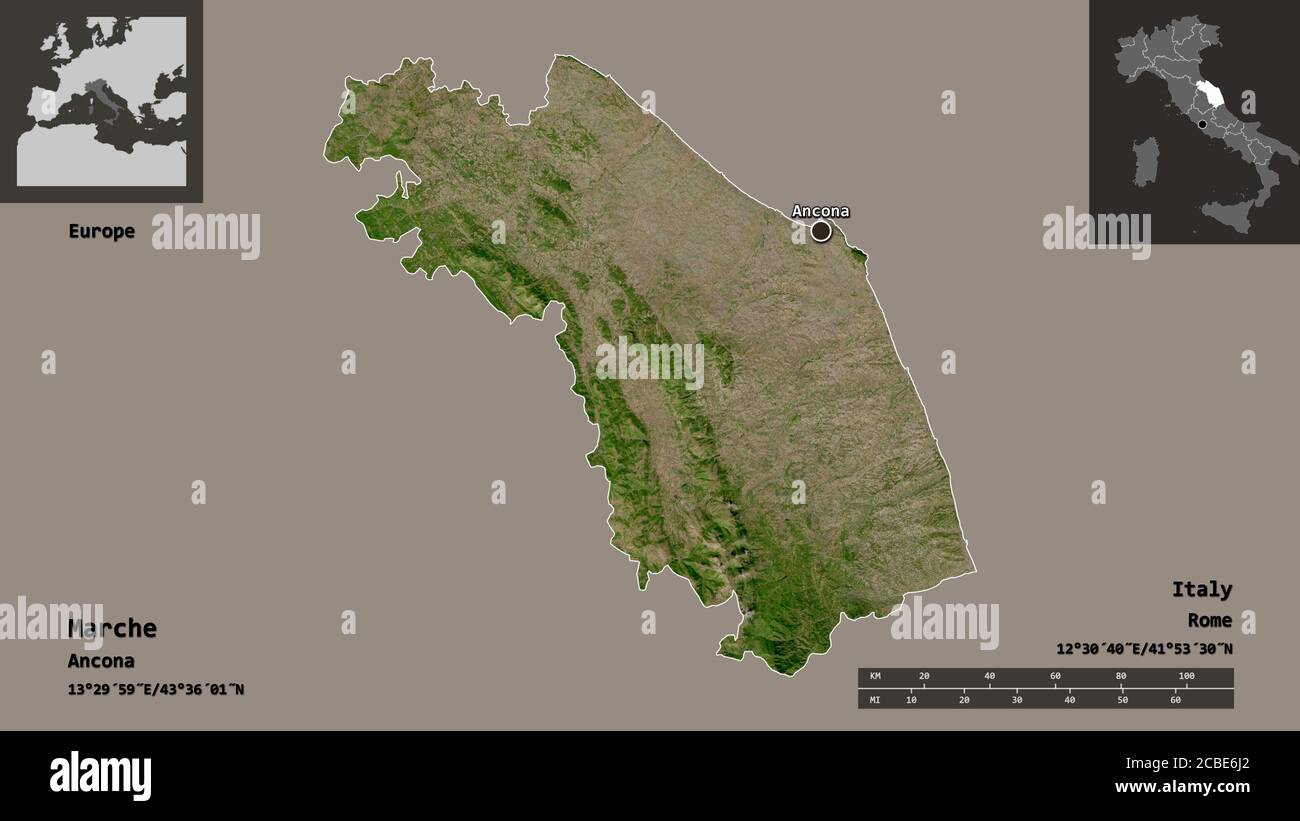 Shape of Marche, region of Italy, and its capital. Distance scale ...