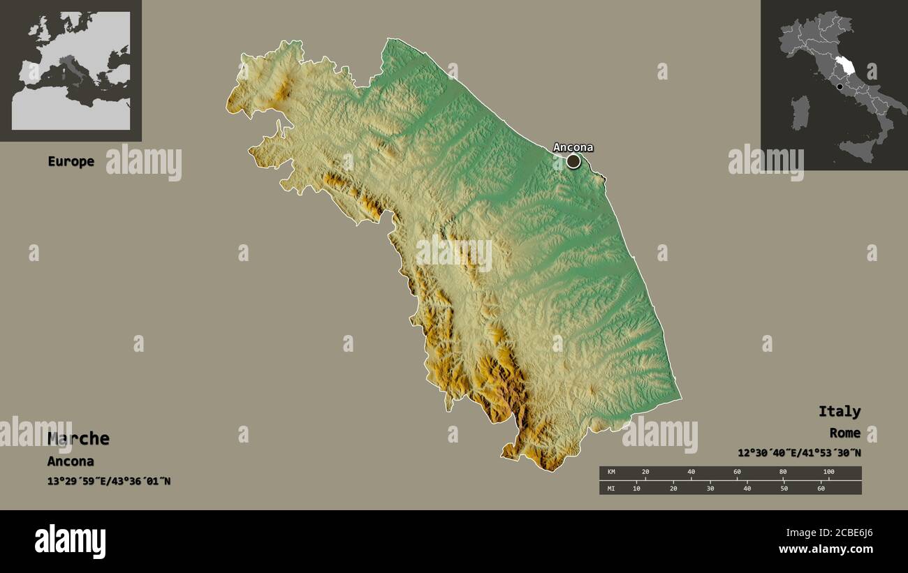 Shape of Marche, region of Italy, and its capital. Distance scale ...
