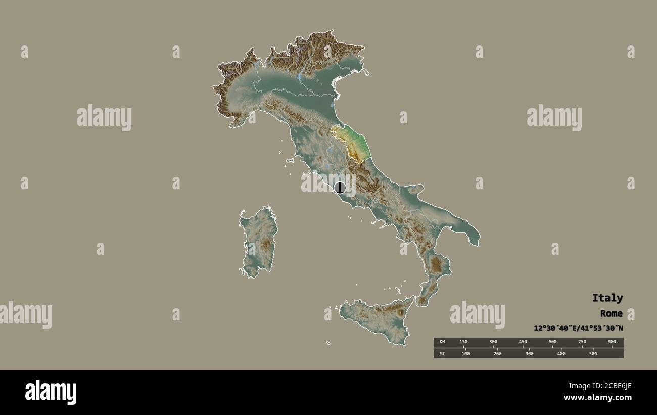 Desaturated shape of Italy with its capital, main regional division and ...