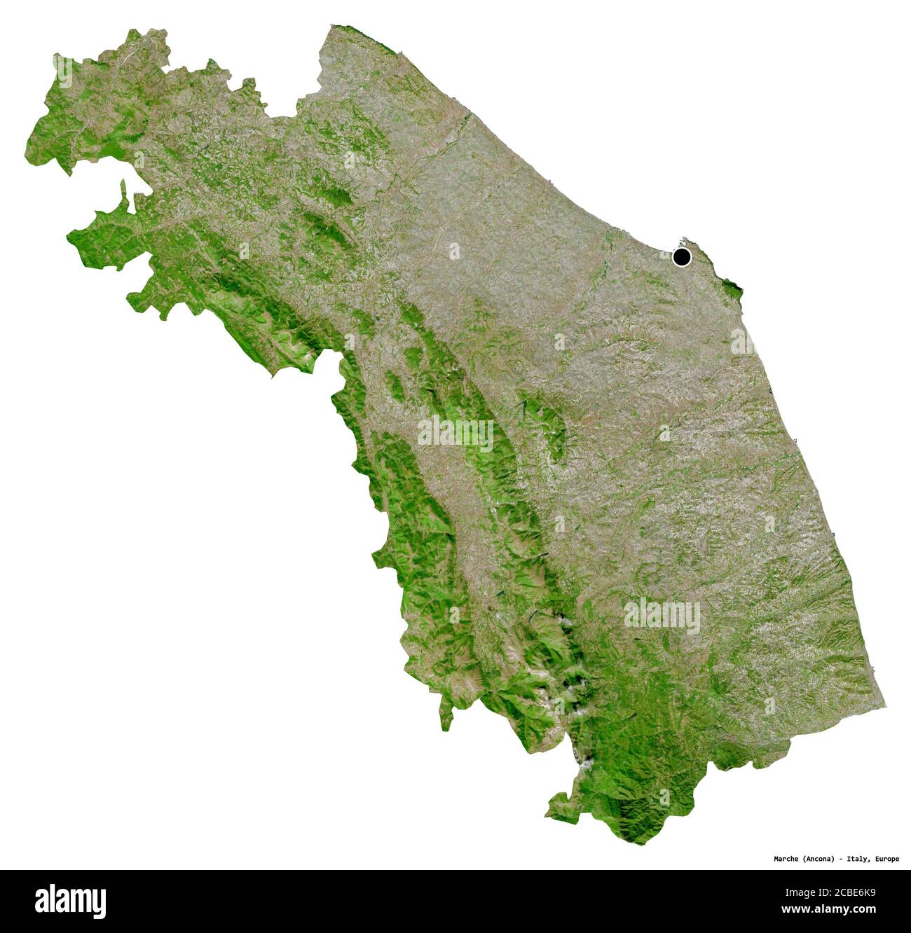 Shape of Marche, region of Italy, with its capital isolated on white ...
