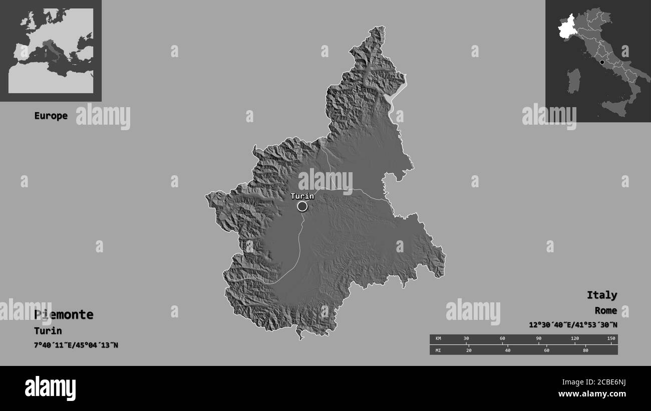 Shape of Piemonte, region of Italy, and its capital. Distance scale ...