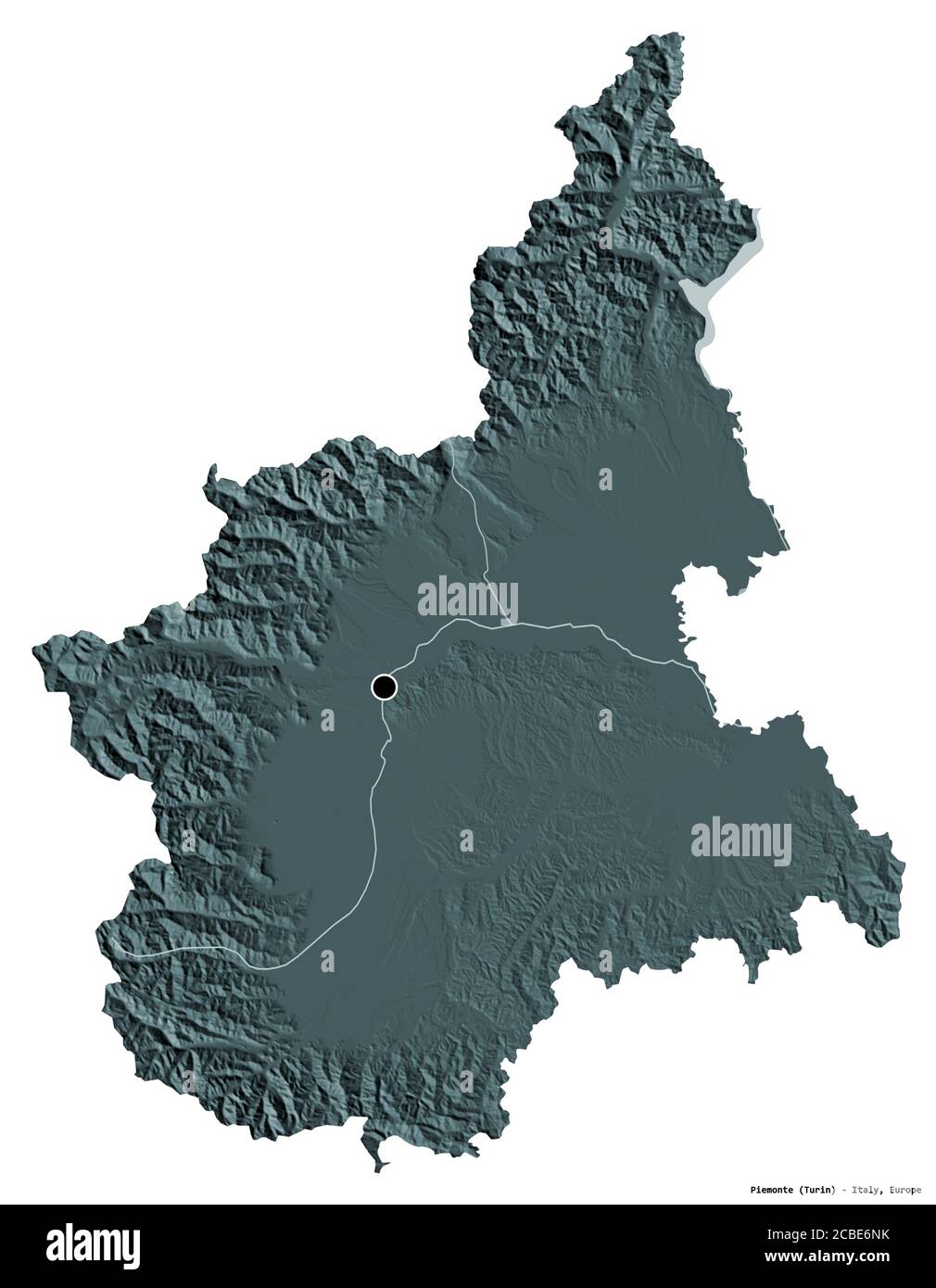 Shape of Piemonte, region of Italy, with its capital isolated on white ...