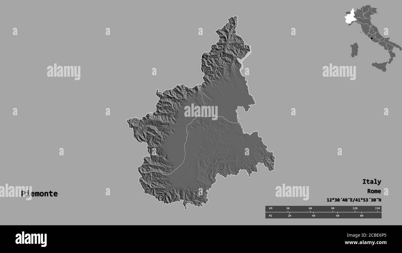Shape of Piemonte, region of Italy, with its capital isolated on solid ...