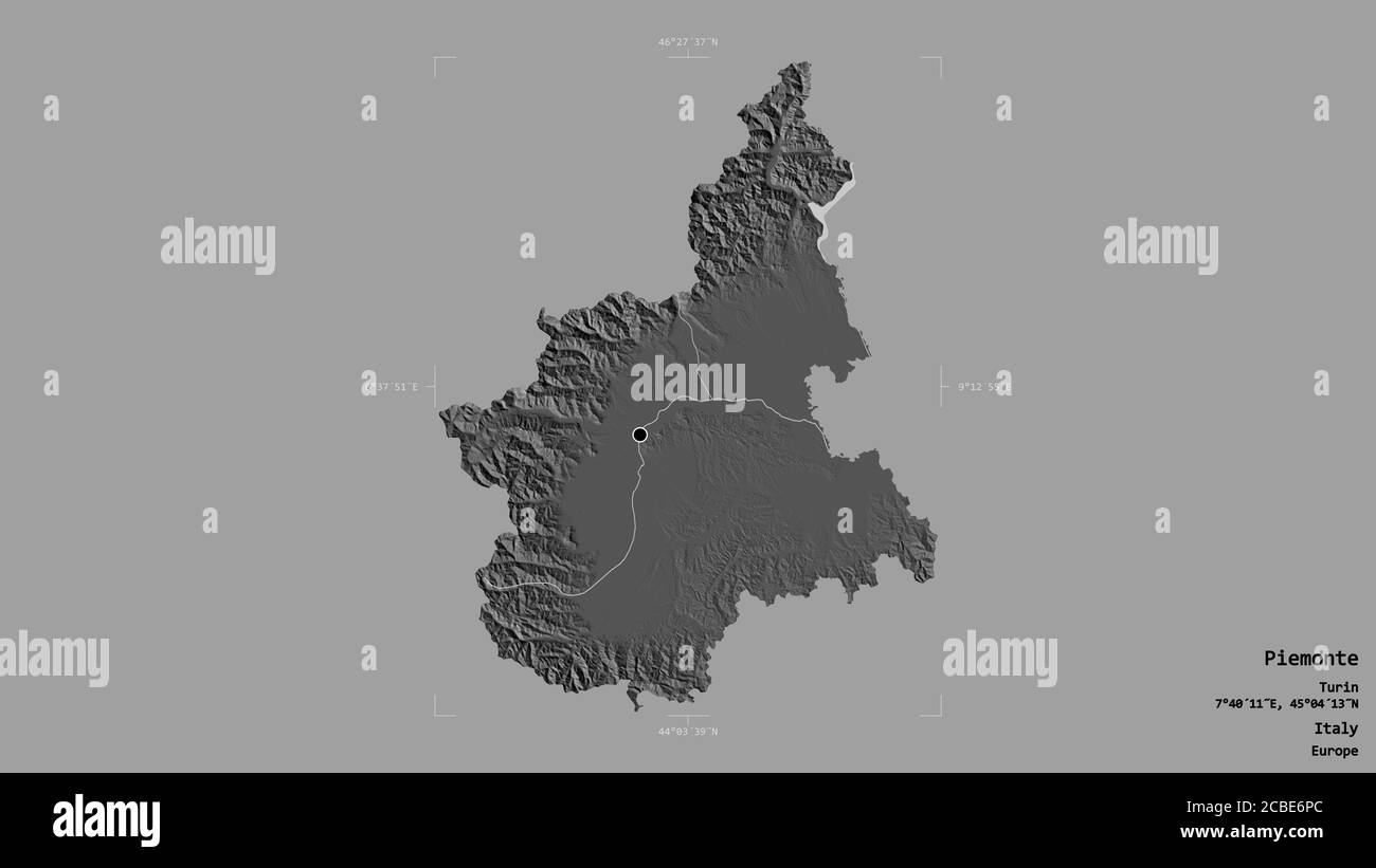 Area of Piemonte, region of Italy, isolated on a solid background in a ...