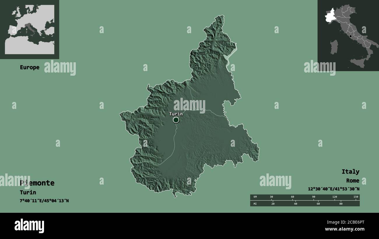 Shape of Piemonte, region of Italy, and its capital. Distance scale ...