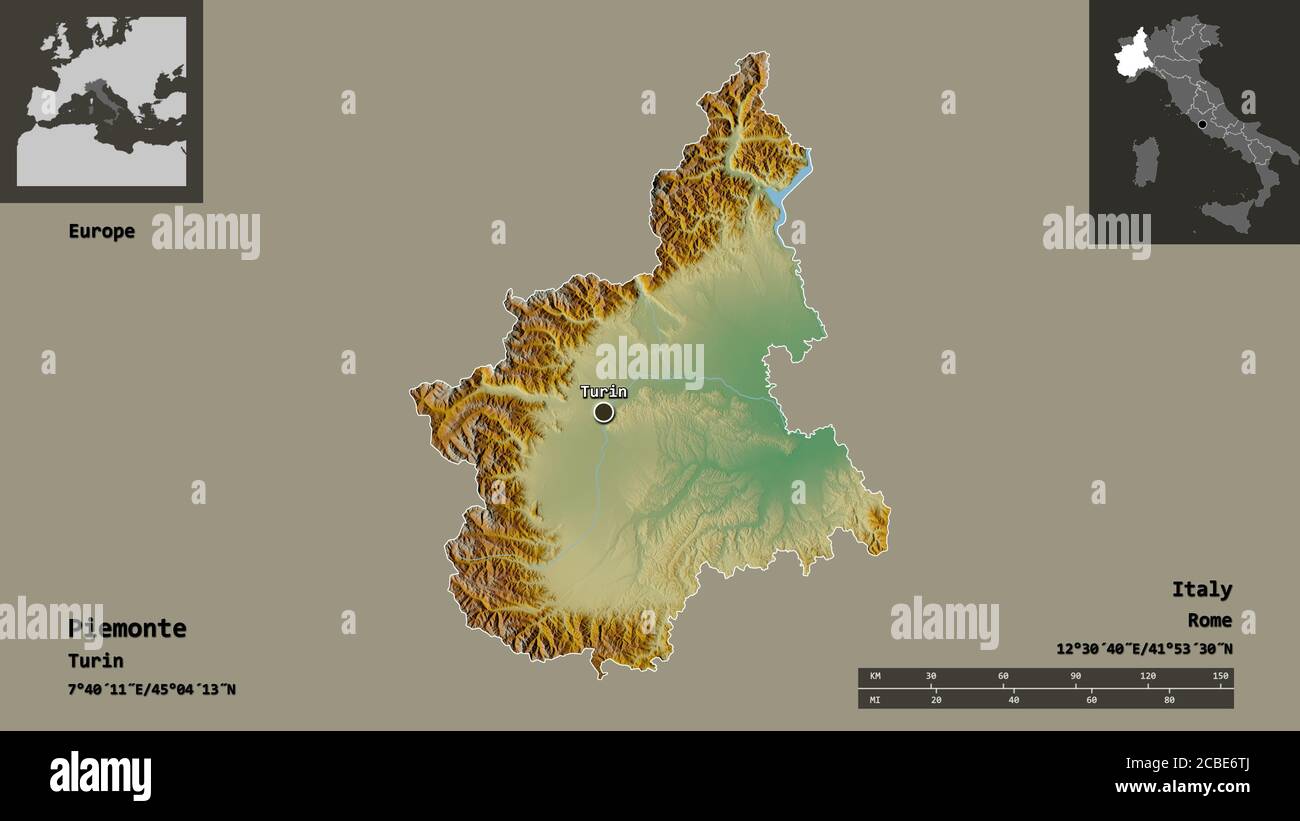Shape of Piemonte, region of Italy, and its capital. Distance scale ...