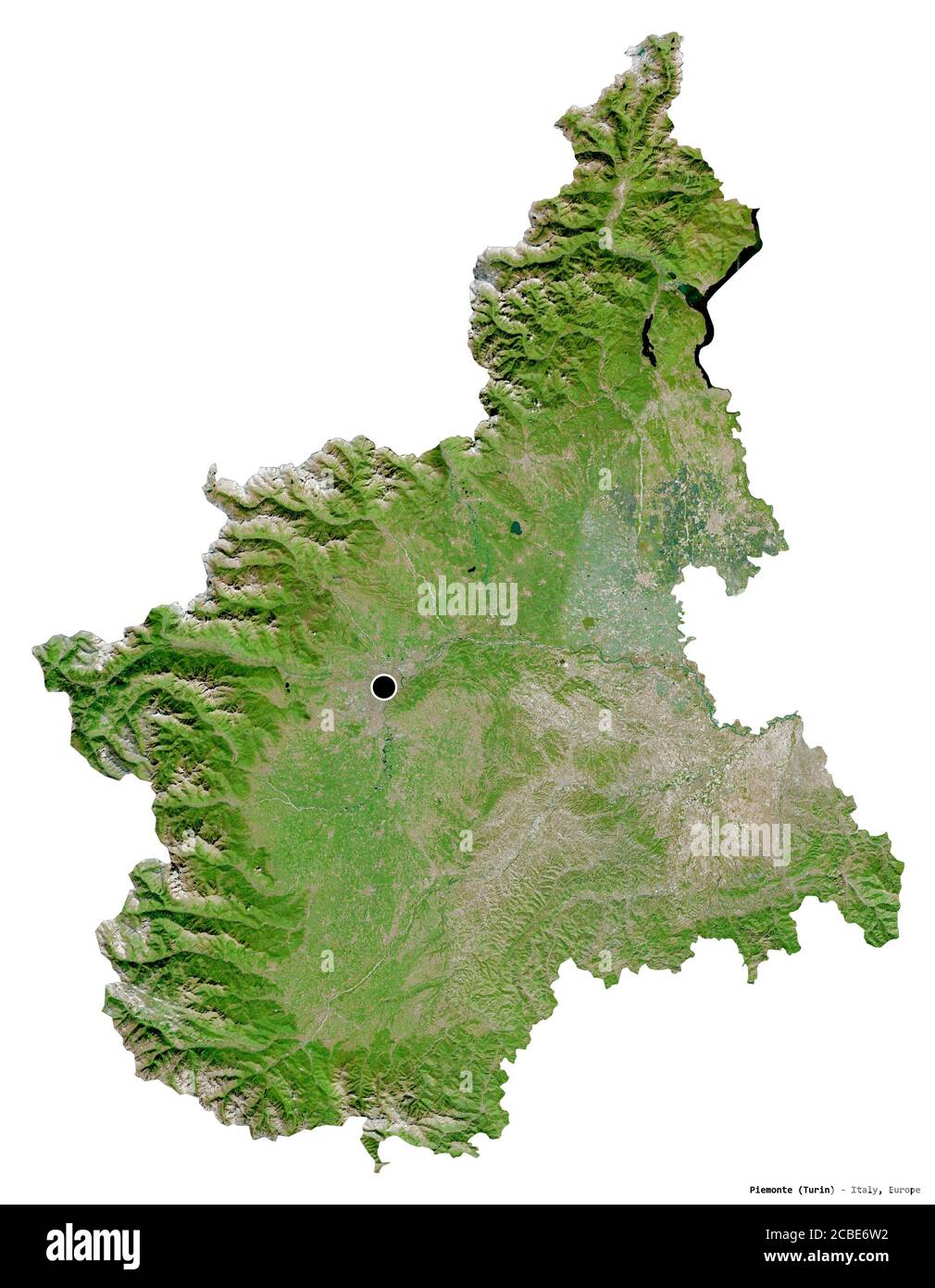 Shape of Piemonte, region of Italy, with its capital isolated on white ...
