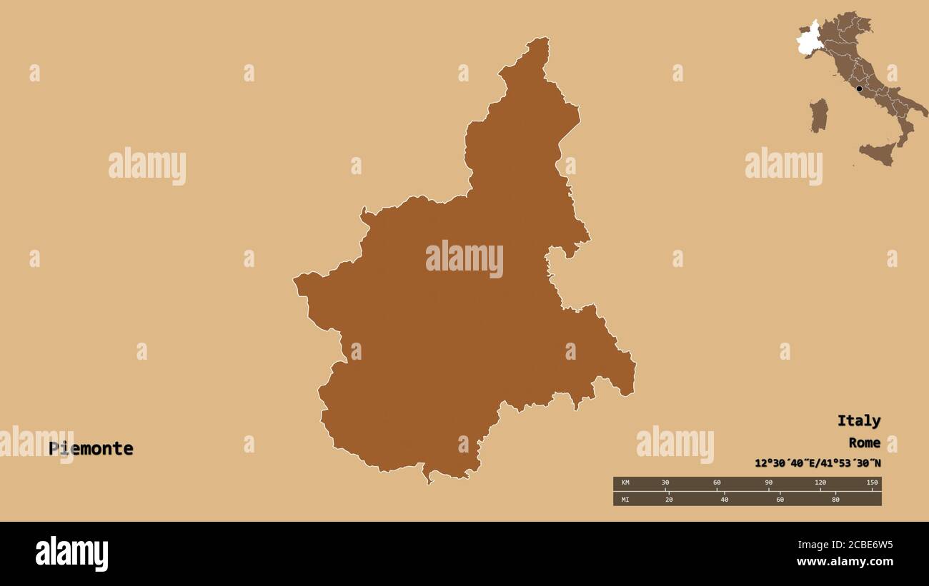 Shape of Piemonte, region of Italy, with its capital isolated on solid ...