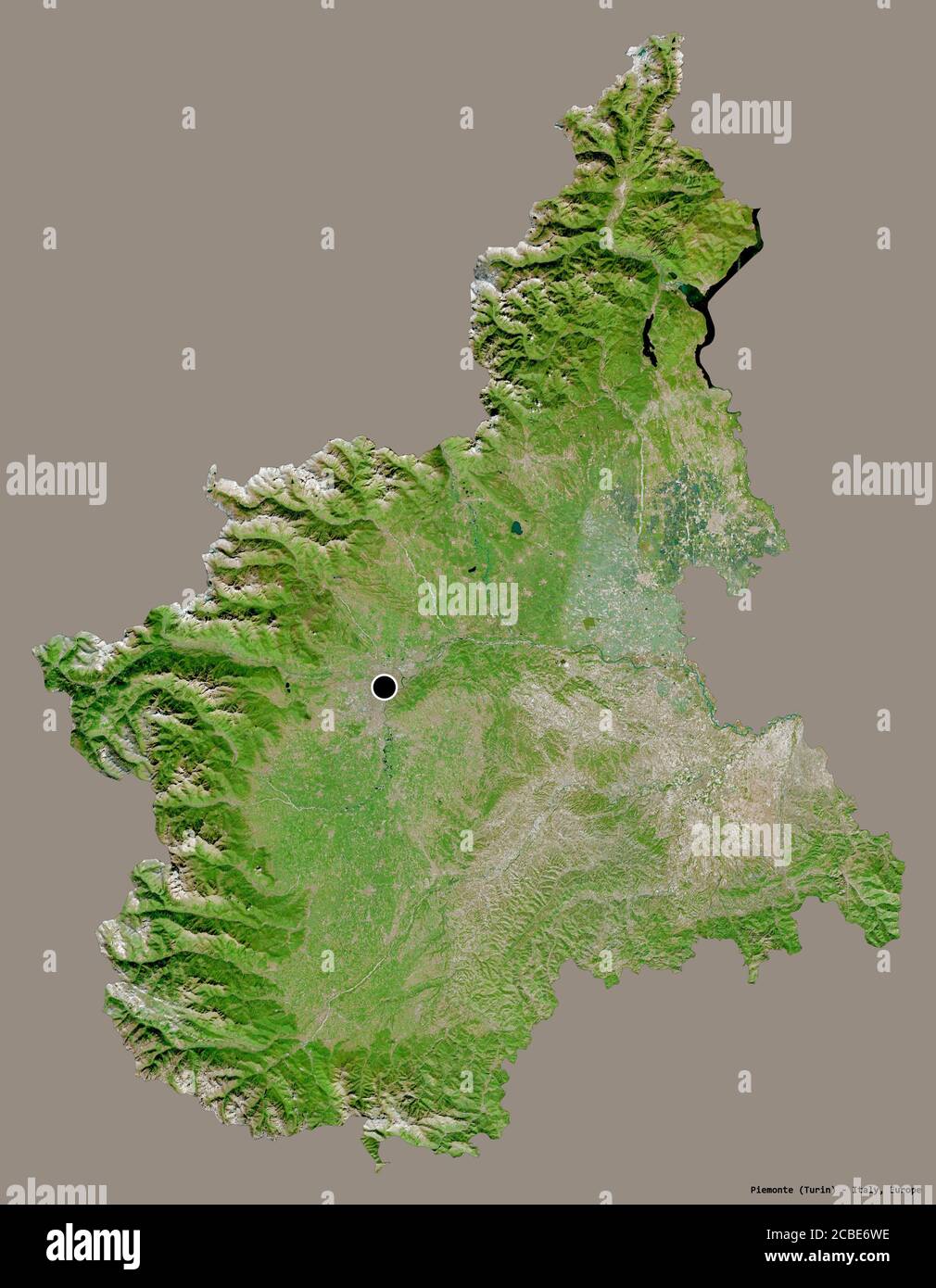 Shape of Piemonte, region of Italy, with its capital isolated on a ...