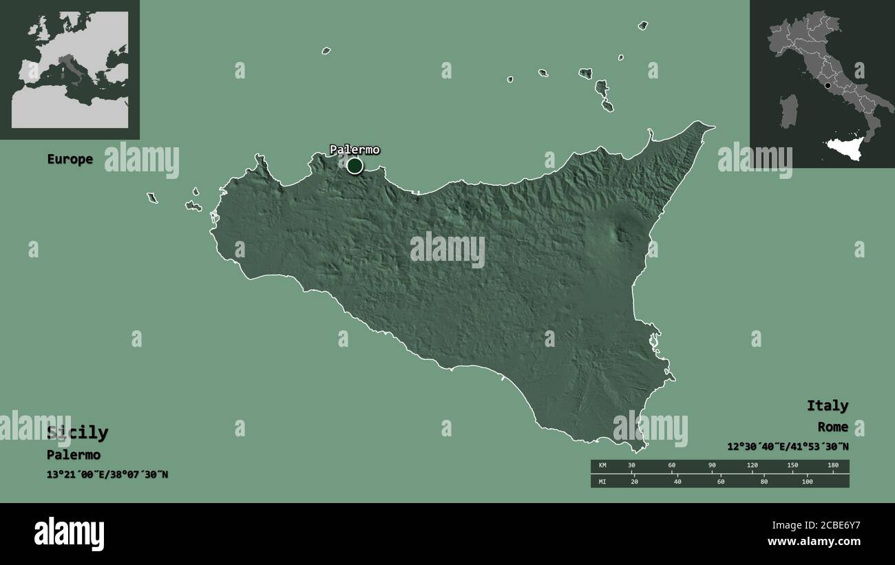 Shape of Sicily, autonomous region of Italy, and its capital. Distance ...