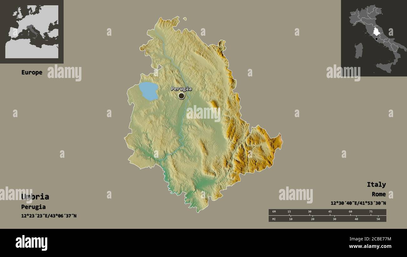 Shape of Umbria, region of Italy, and its capital. Distance scale ...