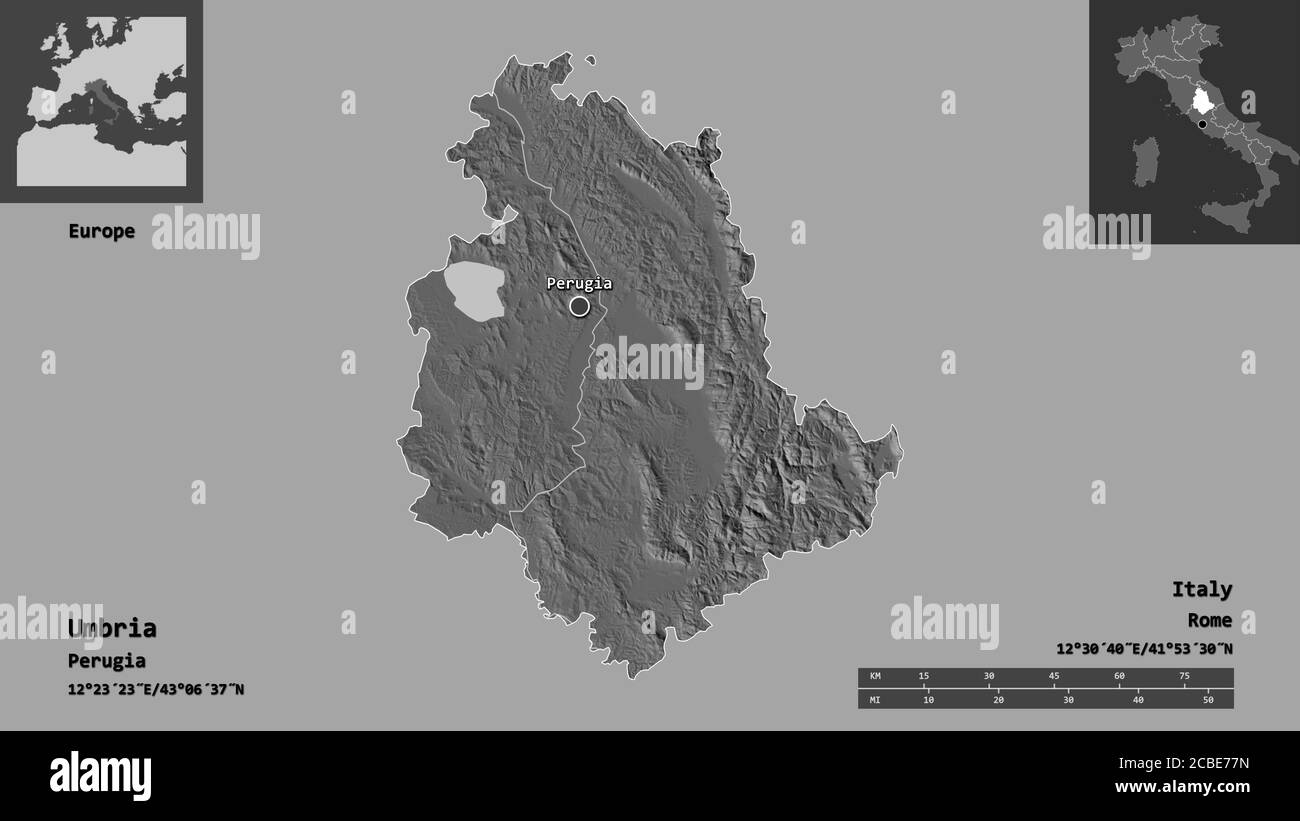 Shape of Umbria, region of Italy, and its capital. Distance scale ...