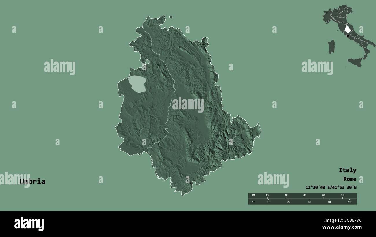 Shape of Umbria, region of Italy, with its capital isolated on solid ...