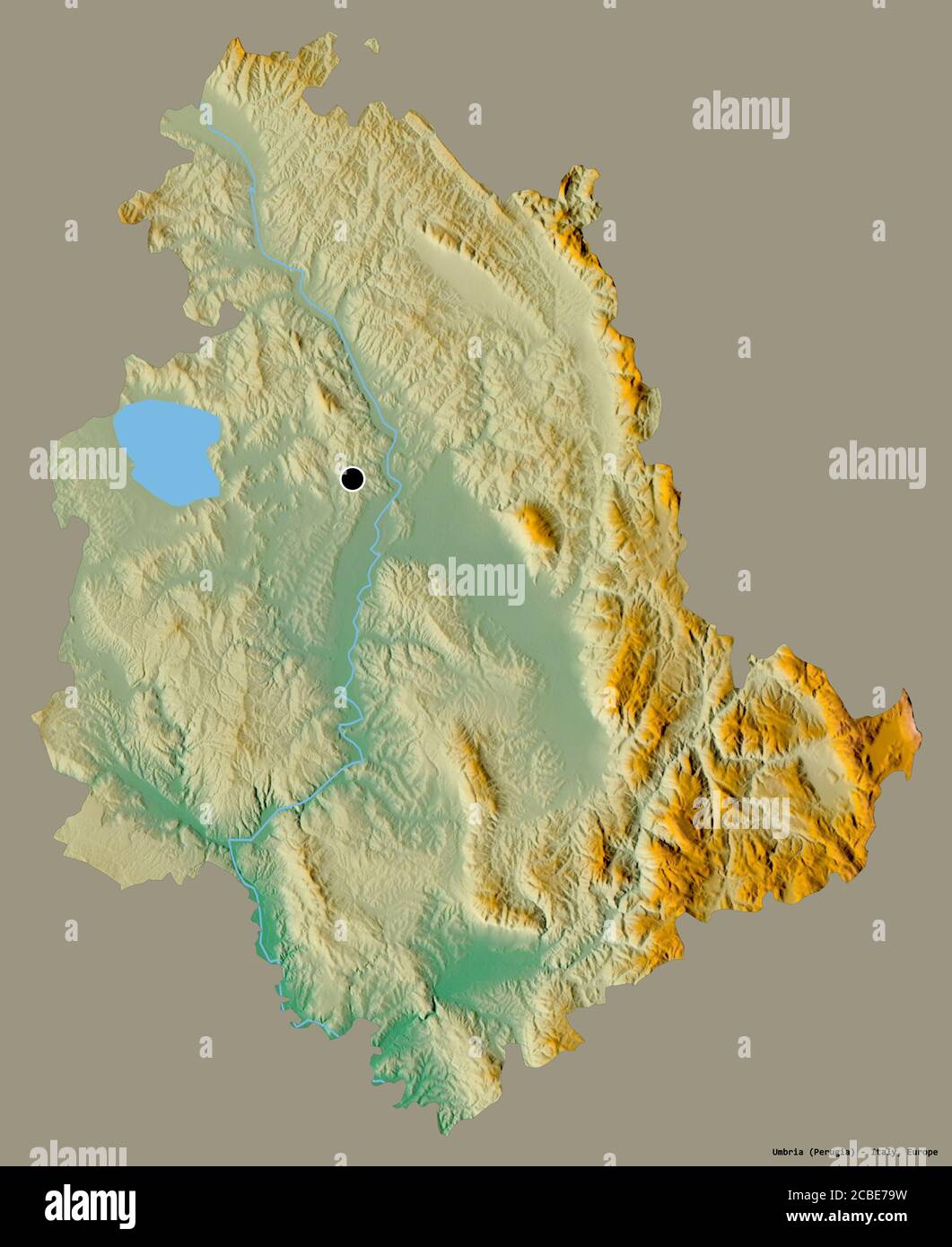 Shape of Umbria, region of Italy, with its capital isolated on a solid ...