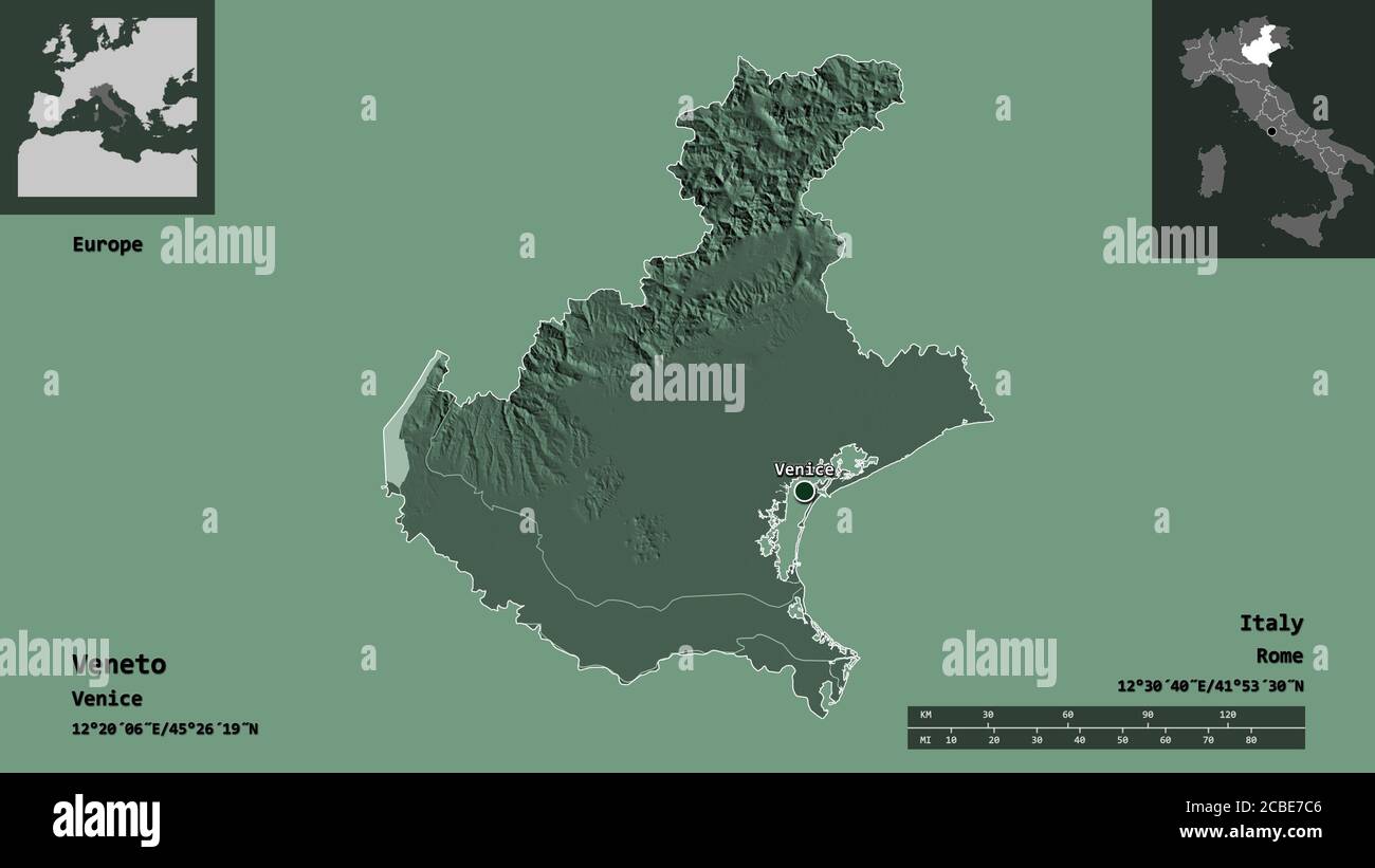 Shape of Veneto, region of Italy, and its capital. Distance scale ...
