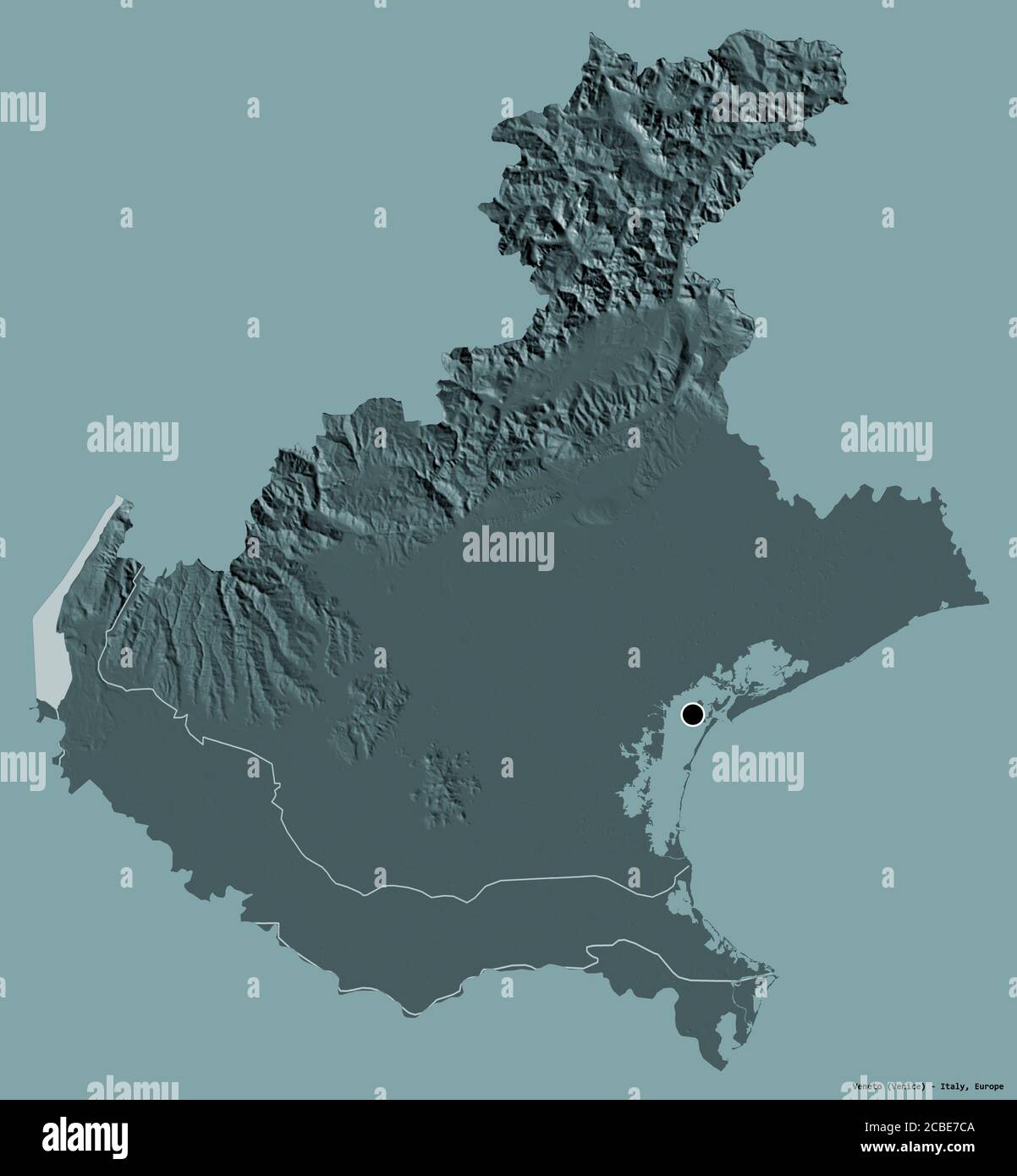 Shape of Veneto, region of Italy, with its capital isolated on a solid ...