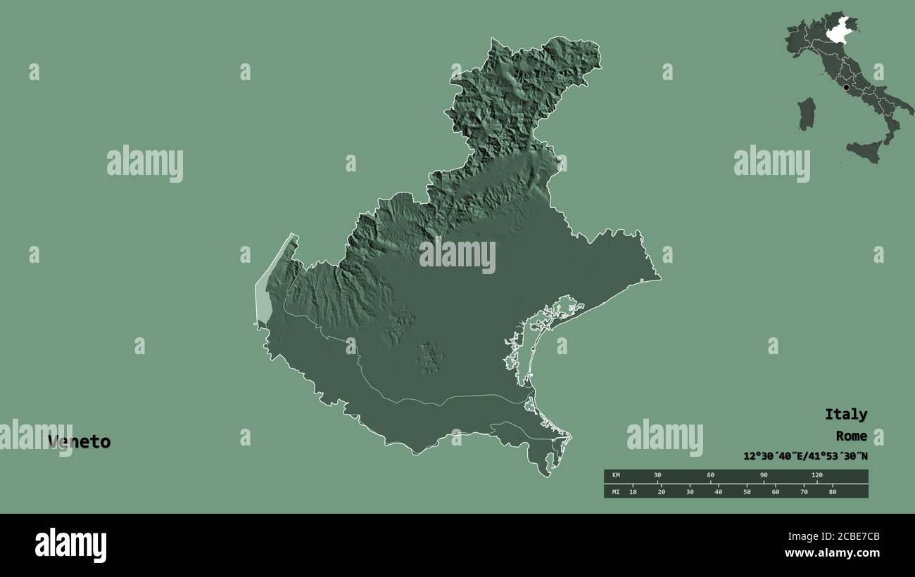Shape of Veneto, region of Italy, with its capital isolated on solid ...