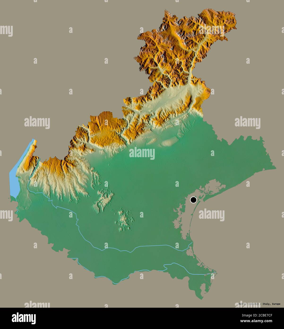 Shape of Veneto, region of Italy, with its capital isolated on a solid ...