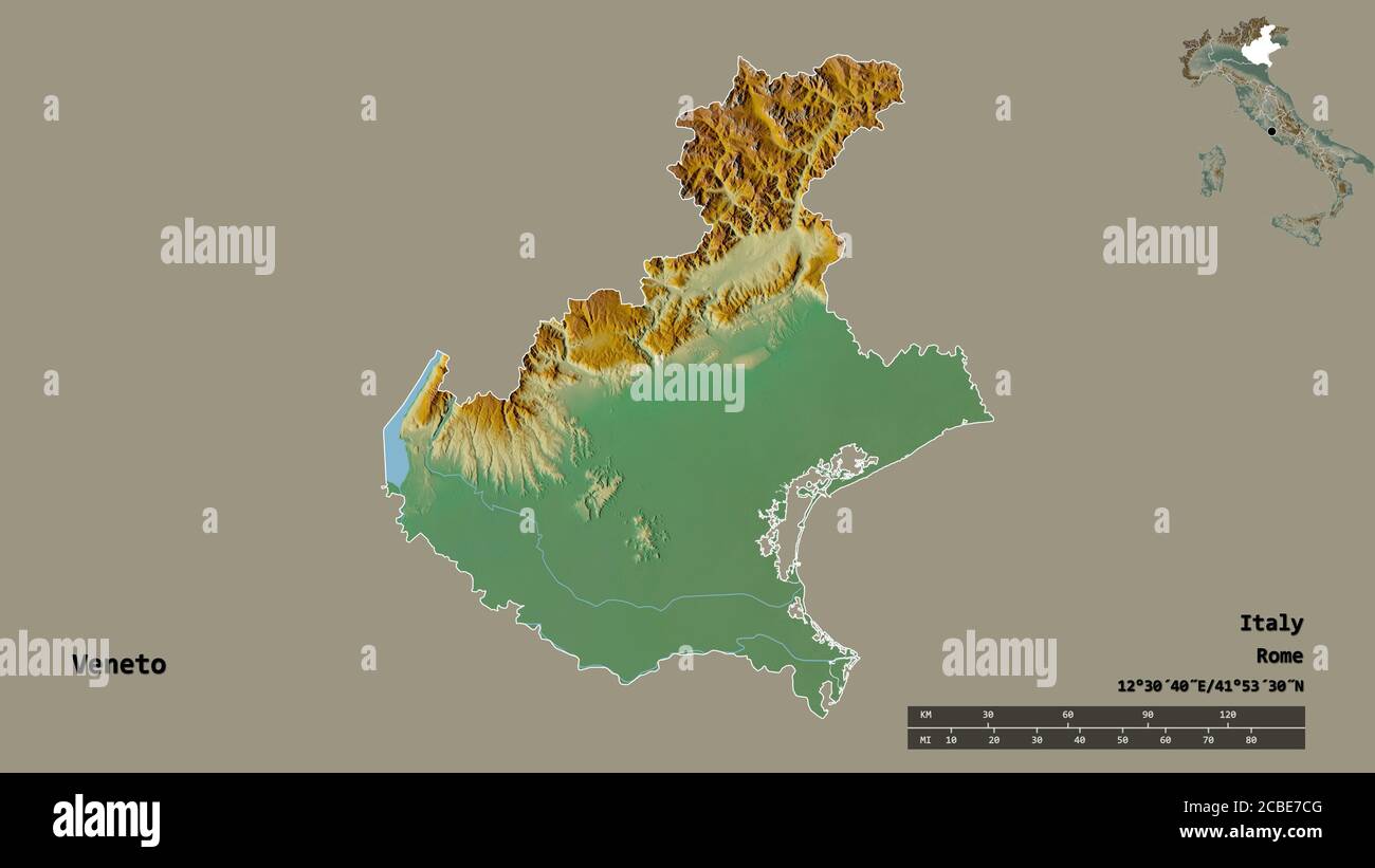 Shape of Veneto, region of Italy, with its capital isolated on solid ...