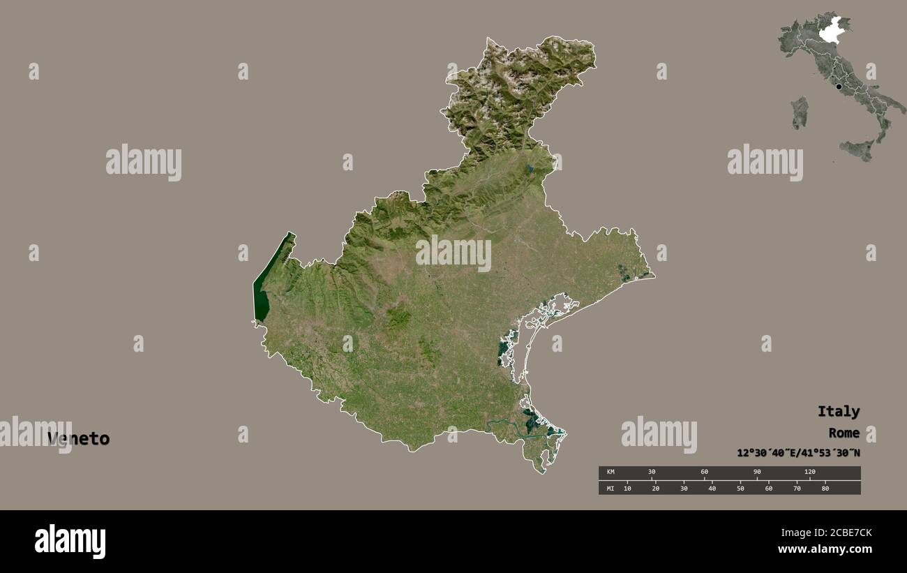 Shape of Veneto, region of Italy, with its capital isolated on solid ...
